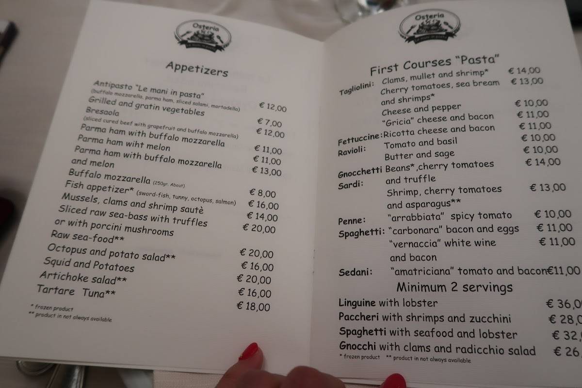 Menu at Ristorante le Mani in Pasta, Rome, Via dei Genovesi