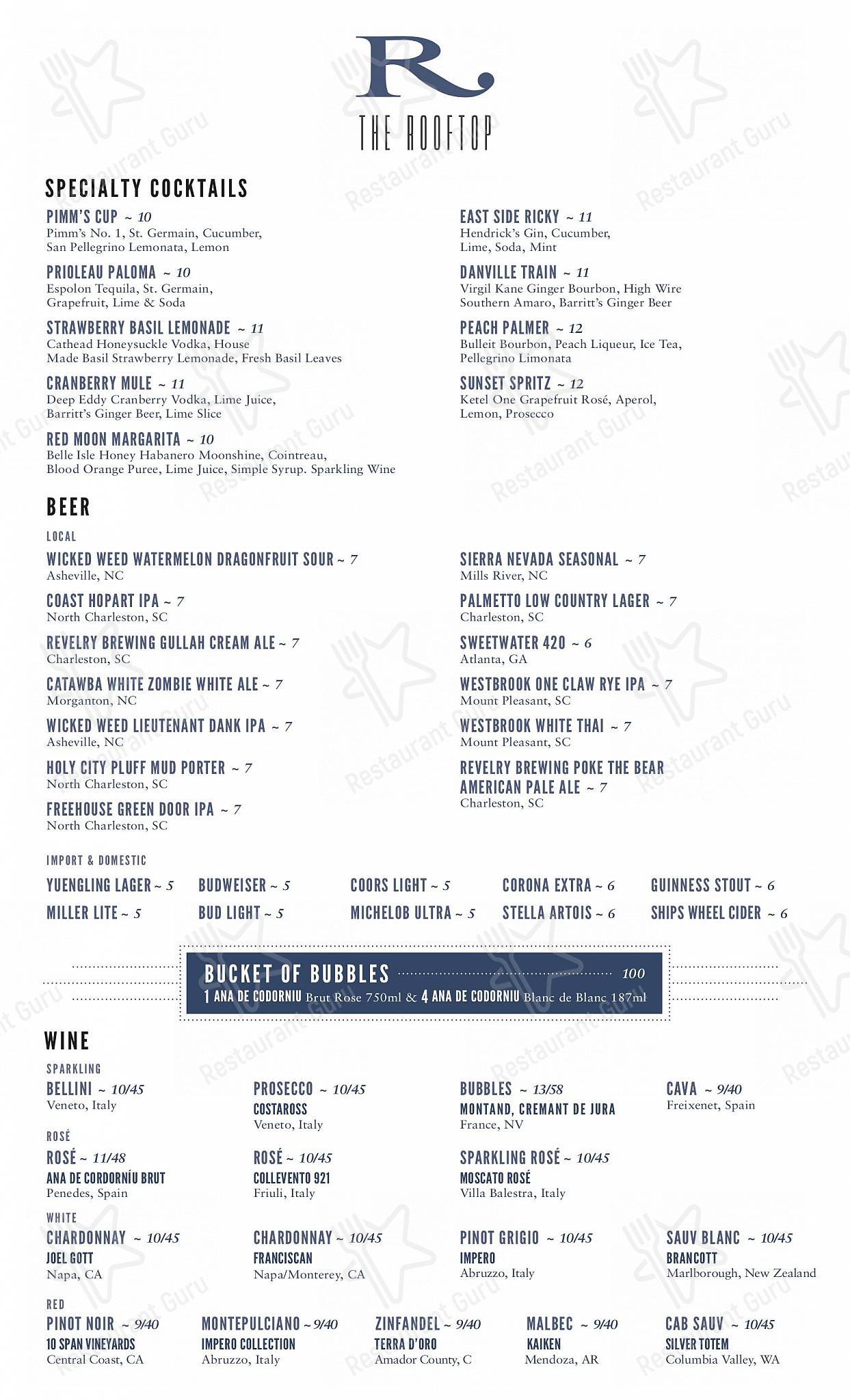 Menu at The Rooftop at the Vendue pub & bar, Charleston
