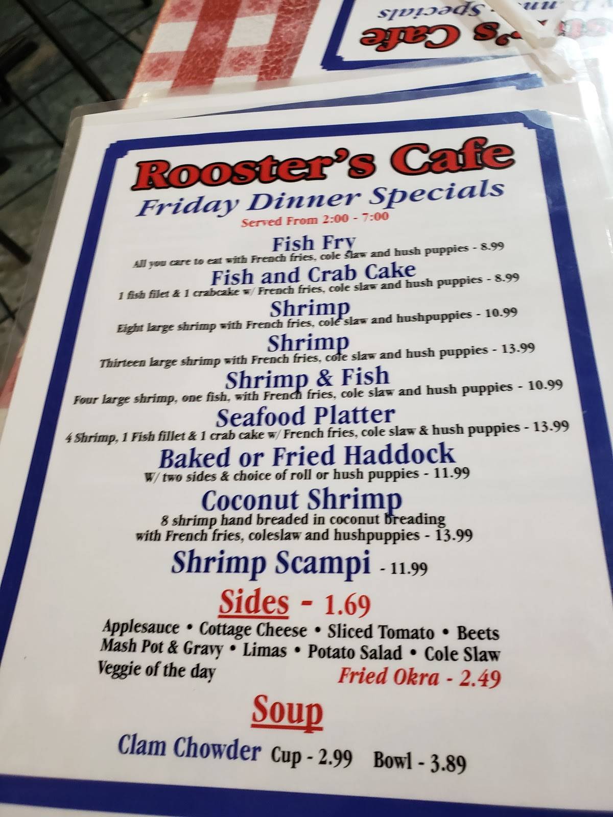 Menu at Roosters Cafe, Brooksville