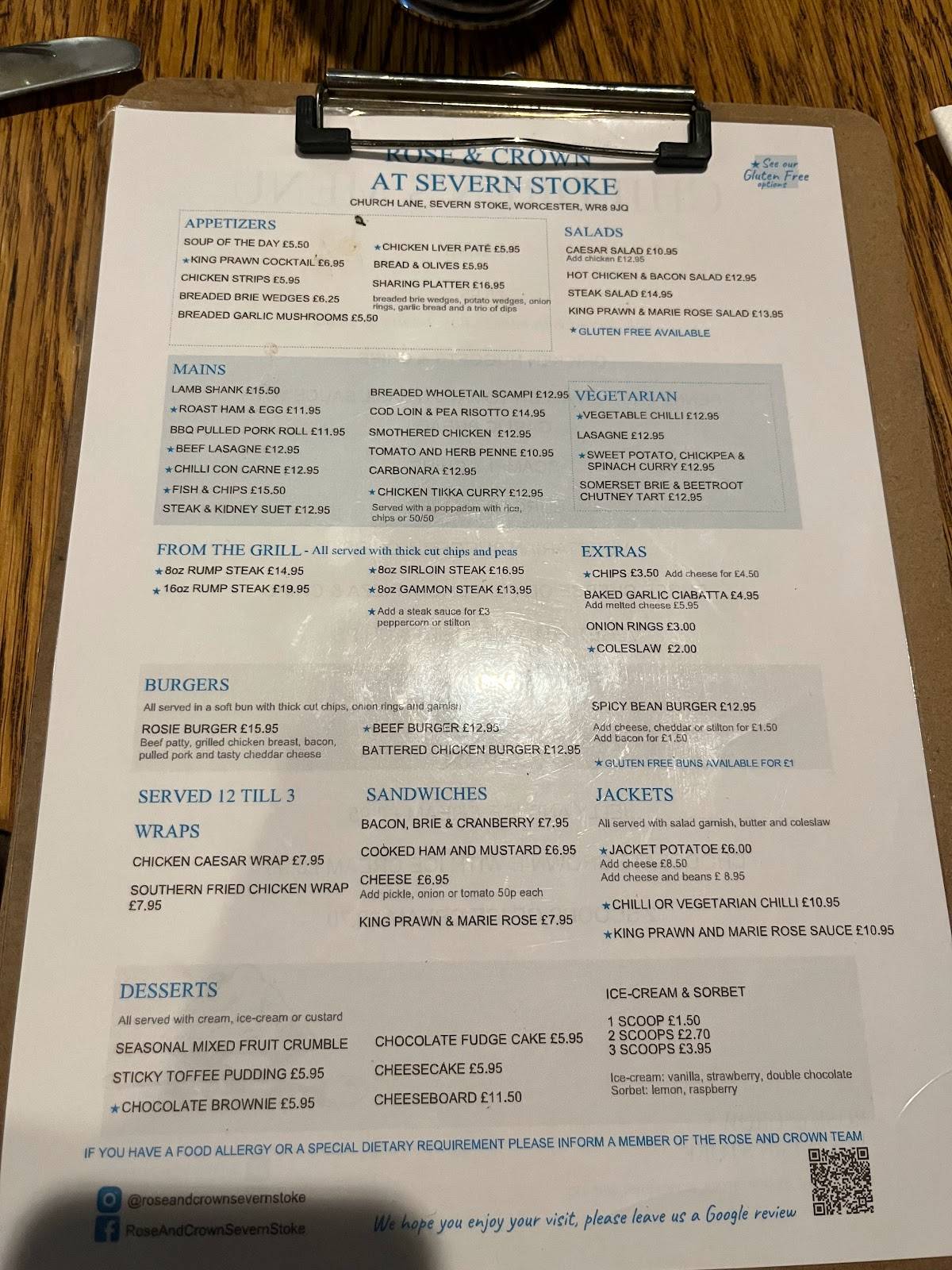 Menu at Rose & Crown pub & bar, Severn Stoke, Church Ln