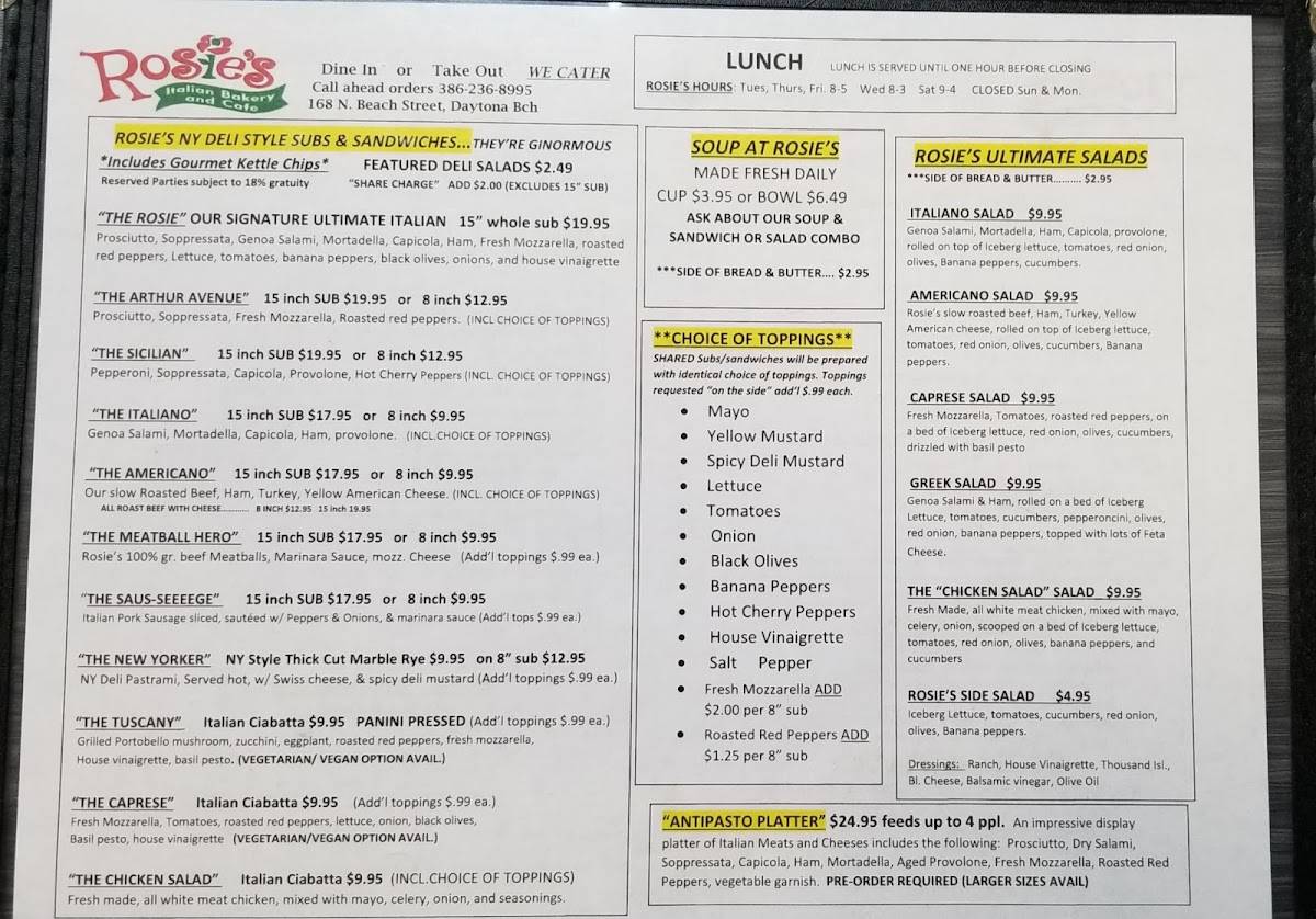 Menu at Rosie's Italian Bakery & NY Style Deli, Daytona Beach