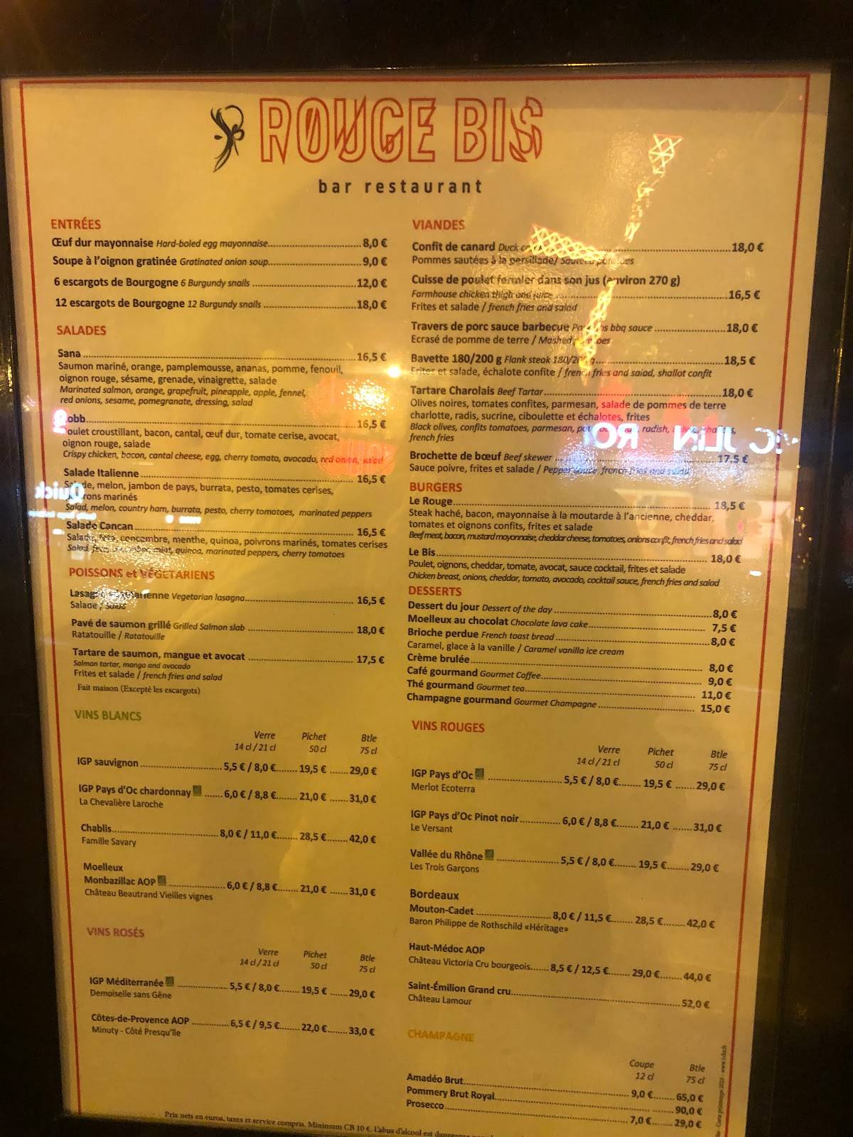 Menu at Rouge Bis pub & bar, Paris