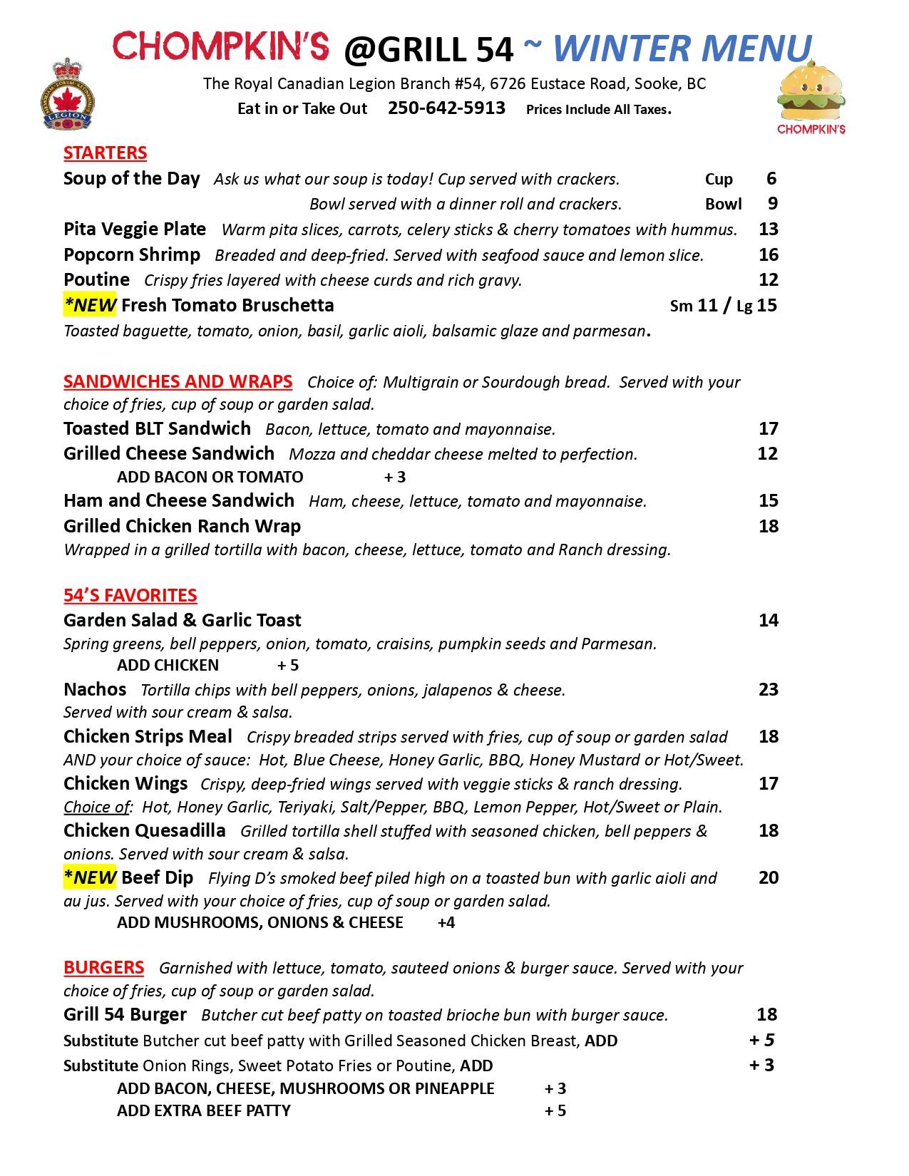 Menu at Royal Canadian Legion Branch #54 Sooke, Sooke