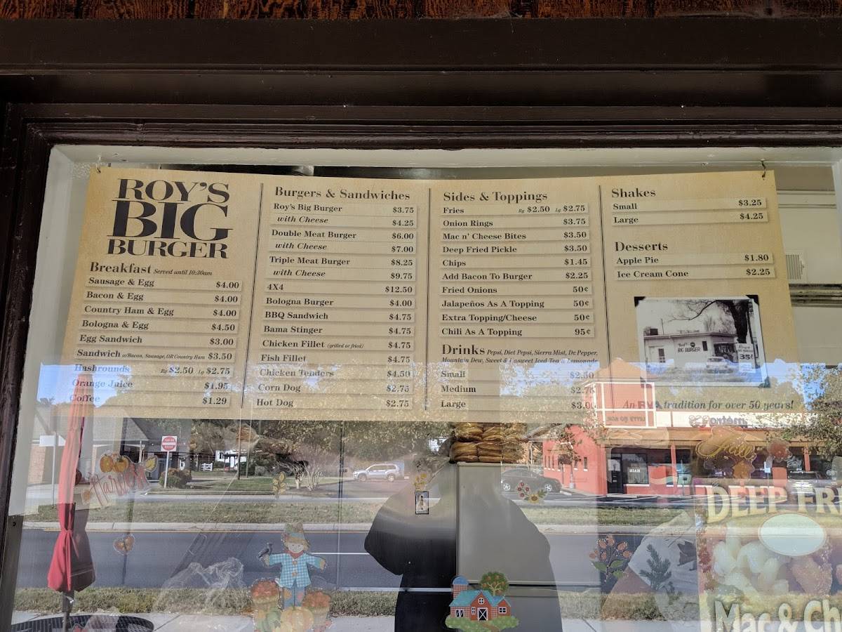 Menu at Roy's Big Burger restaurant, Richmond, Lakeside Ave