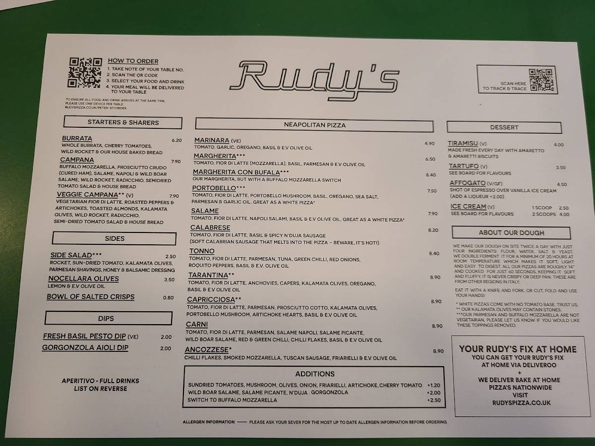 Menu at Rudy's Pizza Napoletana - Peter Street pub & bar, Manchester ...