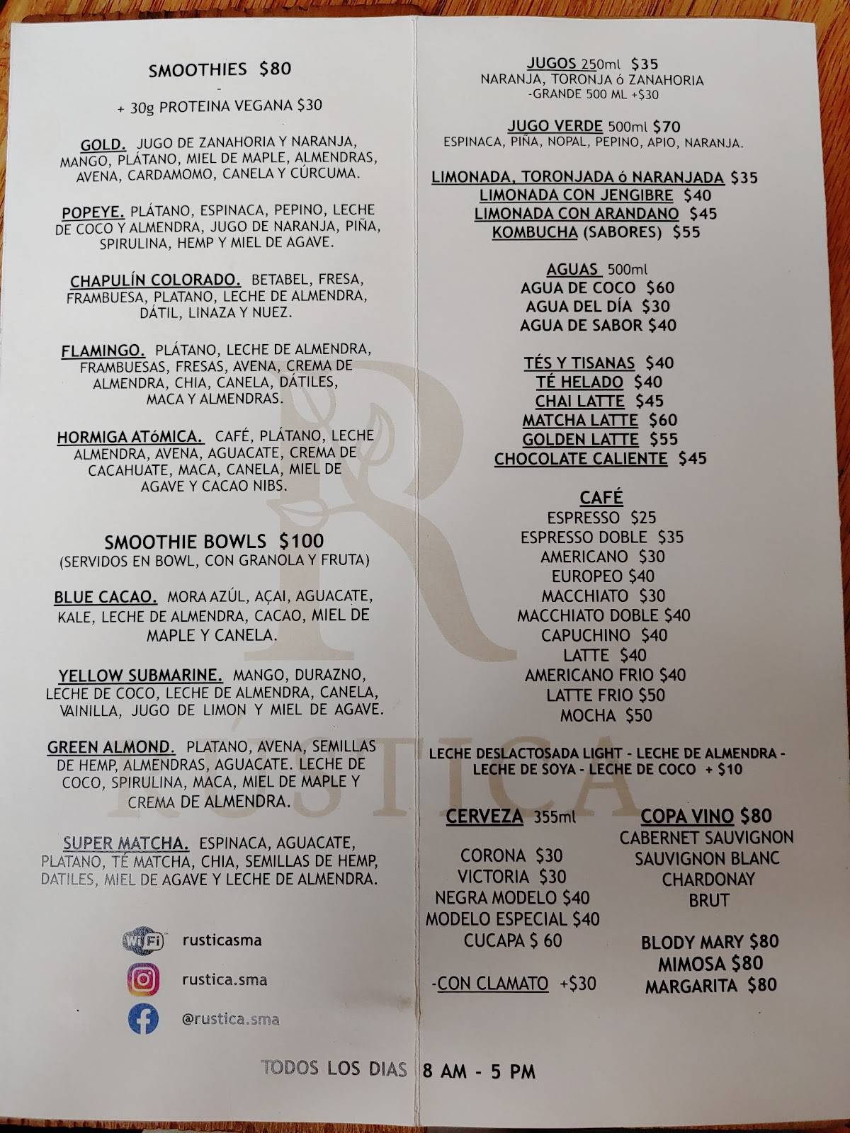 Menu at Rustica restaurant, San Miguel de Allende