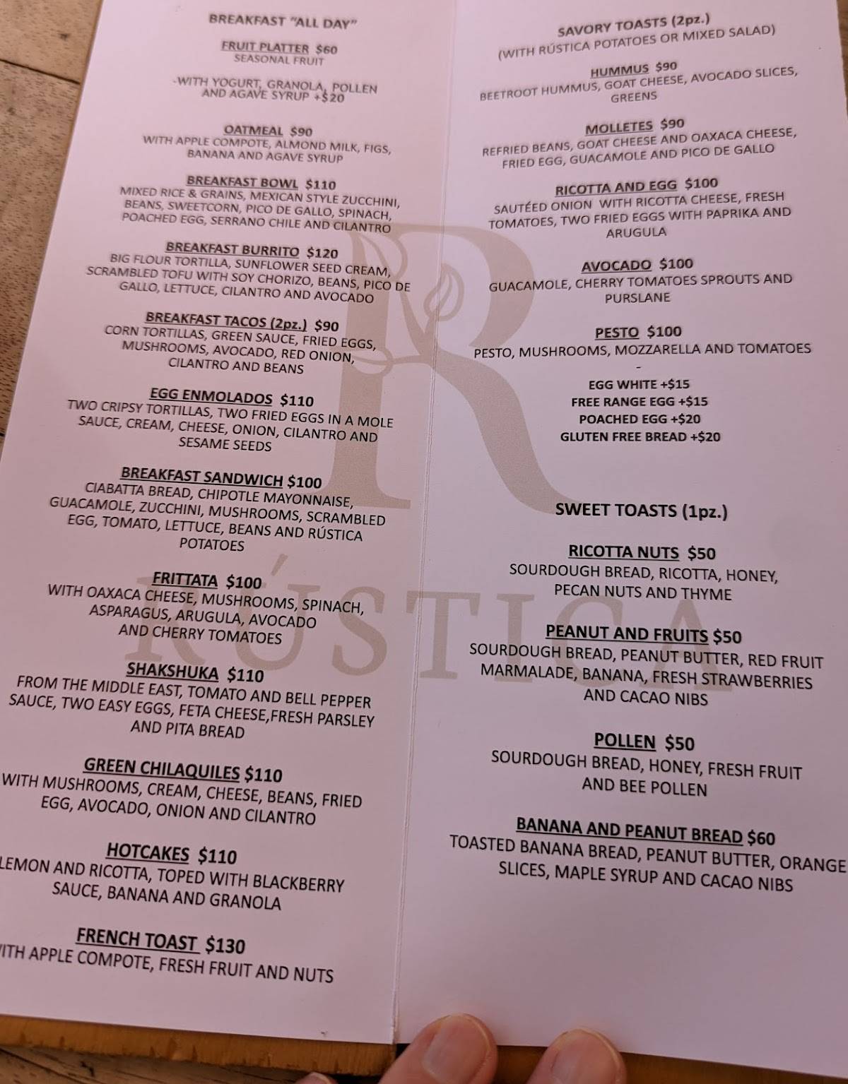 Menu at Rustica restaurant, San Miguel de Allende
