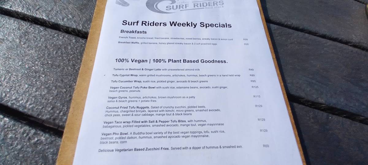 Menu at SURF RIDERS SOUTH BEACH @ BEACHFRONT restaurant, Durban