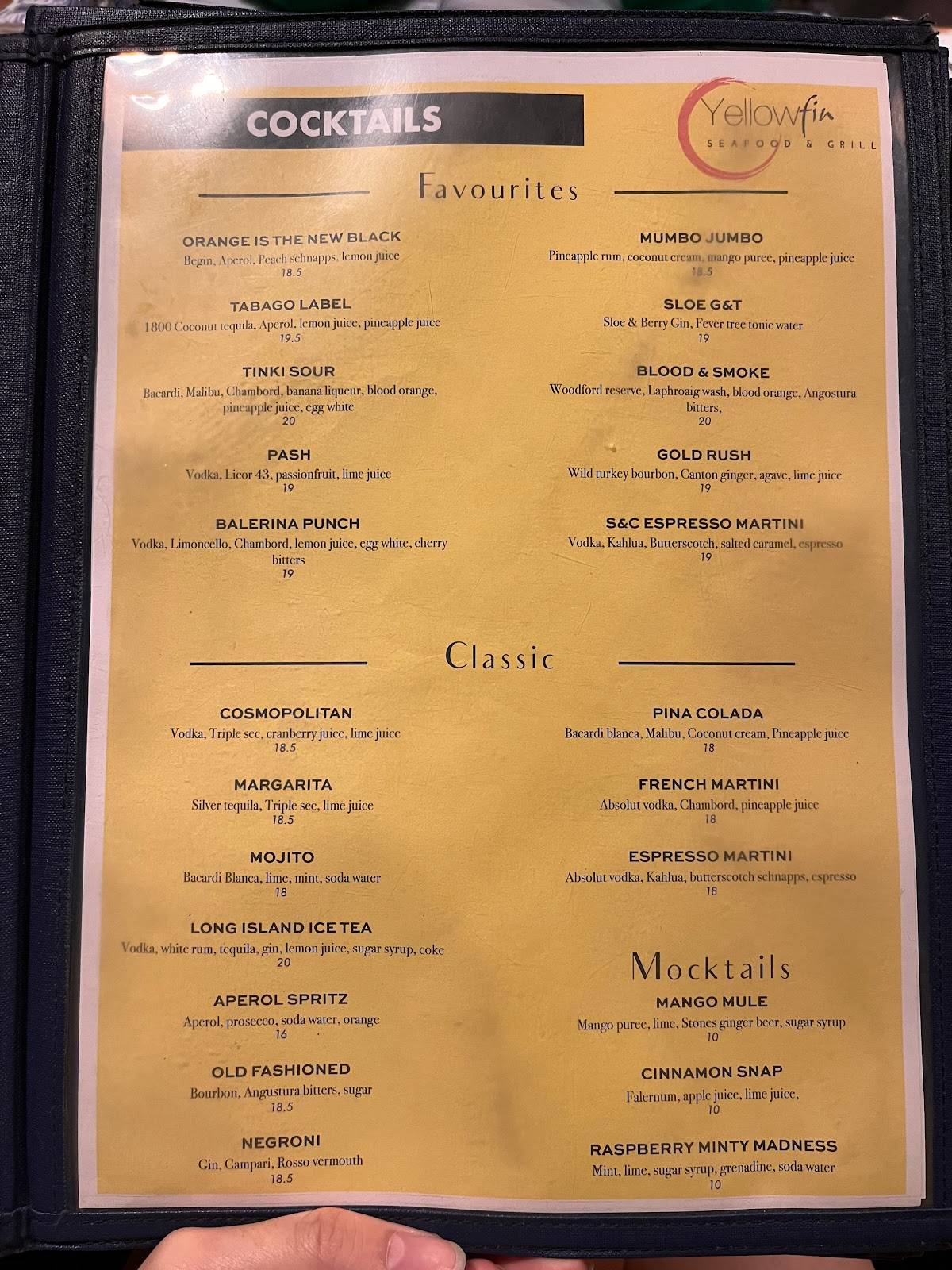 Menu at Sage Yellowfin restaurant, South Brisbane