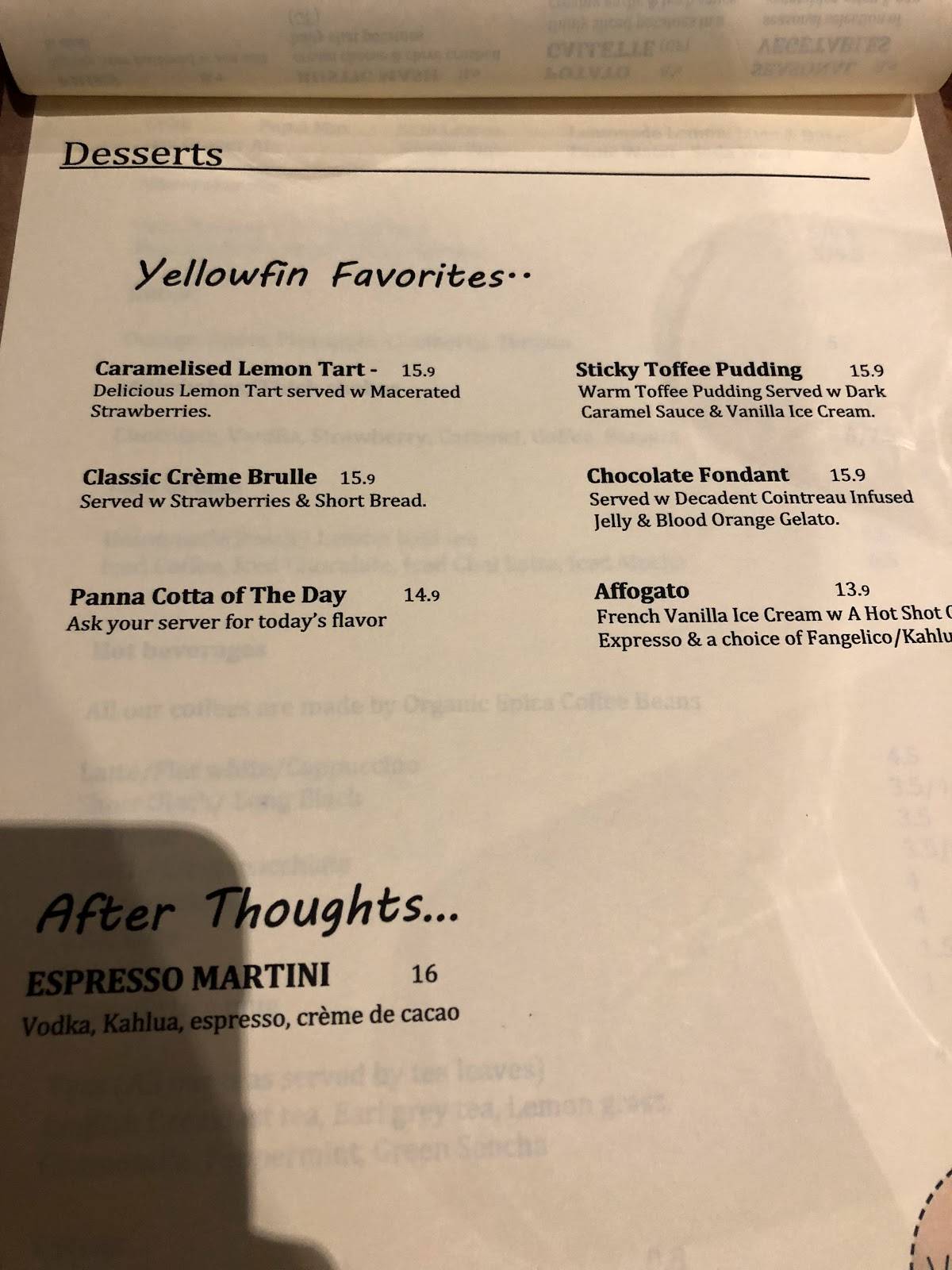 Menu at Sage Yellowfin restaurant, South Brisbane