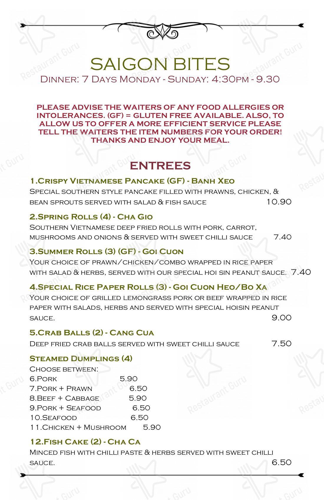 Menu at Saigon Bites restaurant, East Gosford