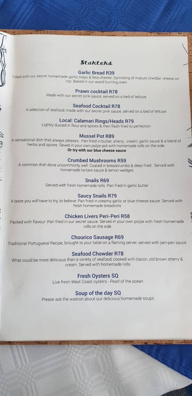 Menu at Chokka Block Restaurant, Saint Francis Bay