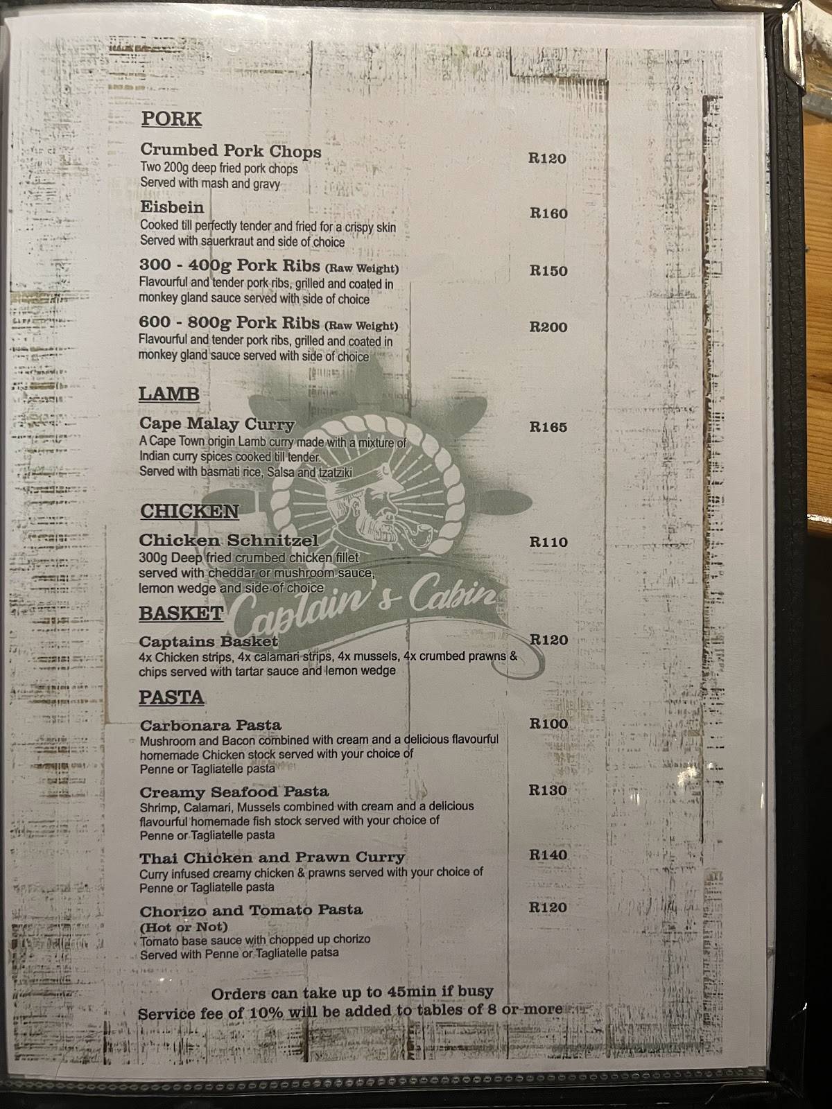 Menu at Captain's Cabin Restaurant & Pub, Saldanha