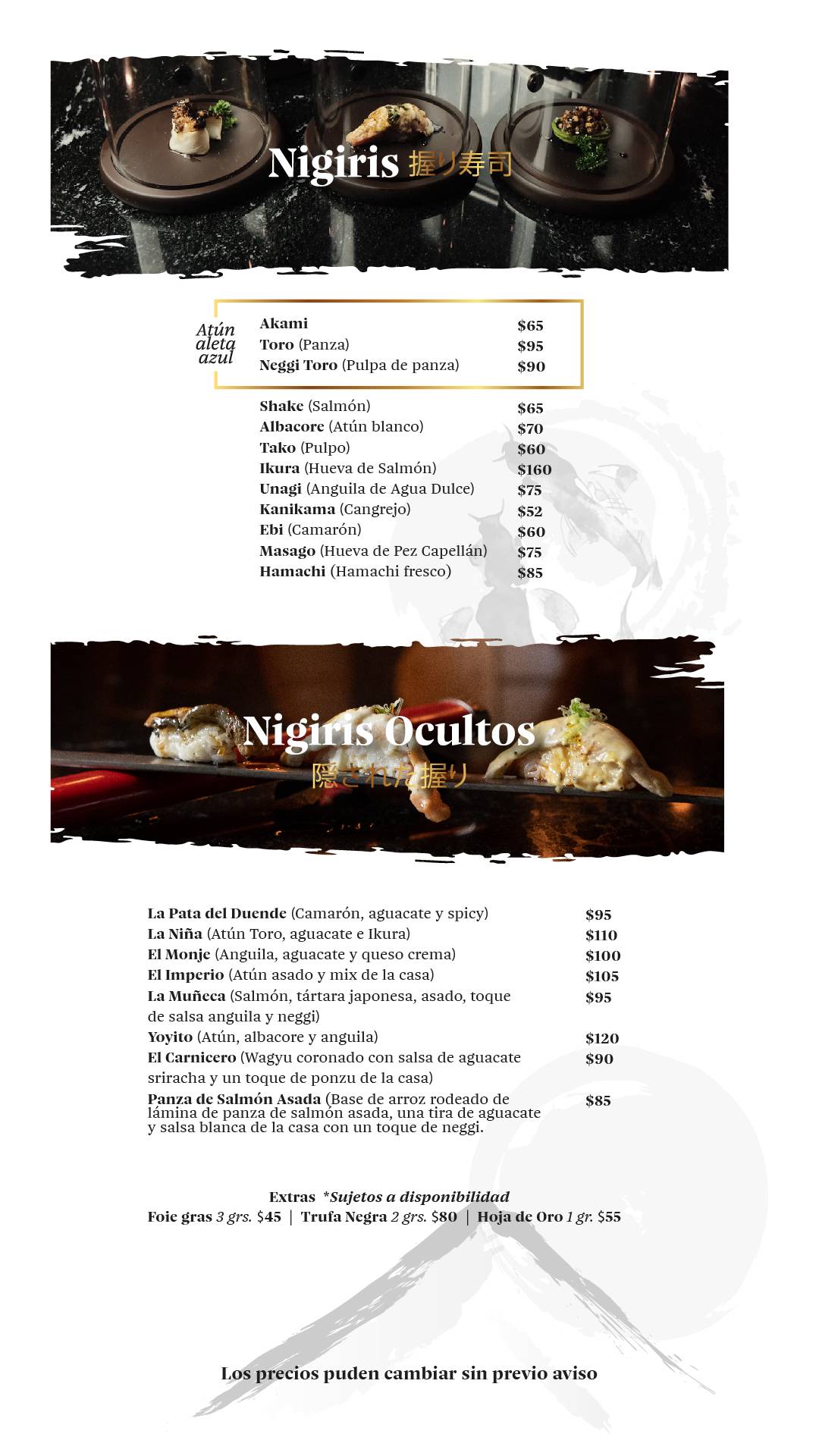 Carta del restaurante Matsumoto, Saltillo