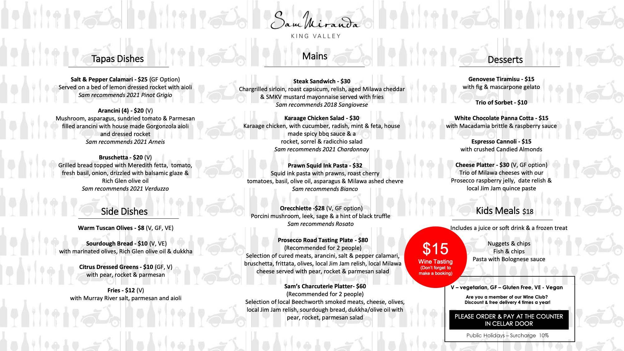 Menu at Sam Miranda pub & bar, Oxley