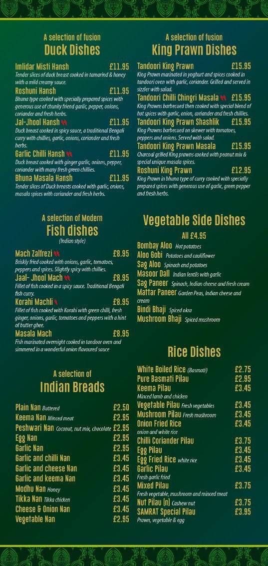 Menu at Samrat Indian Dining Room & Takeaway restaurant, Seaham