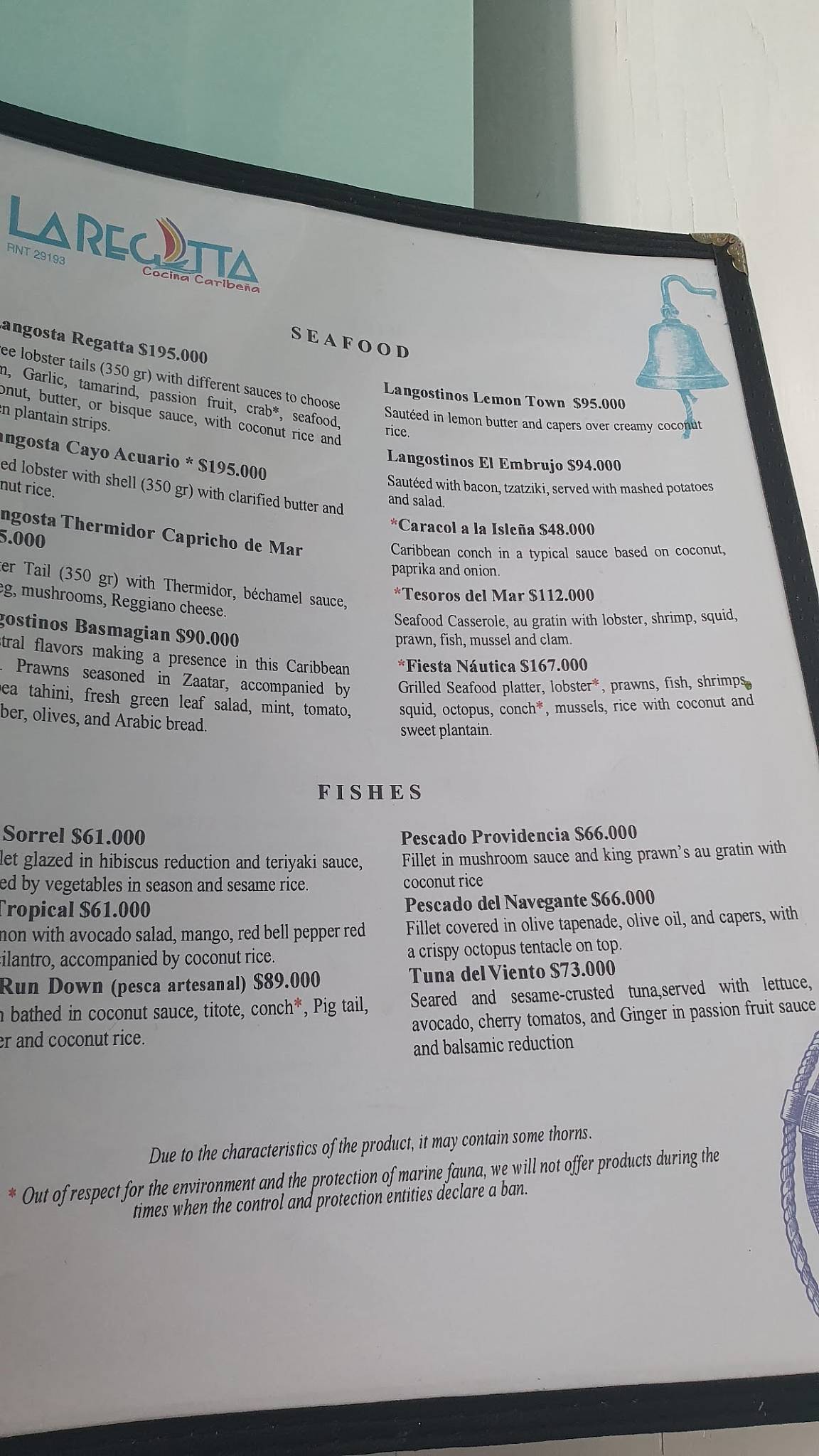 Carta del restaurante La Regatta, San Andrés