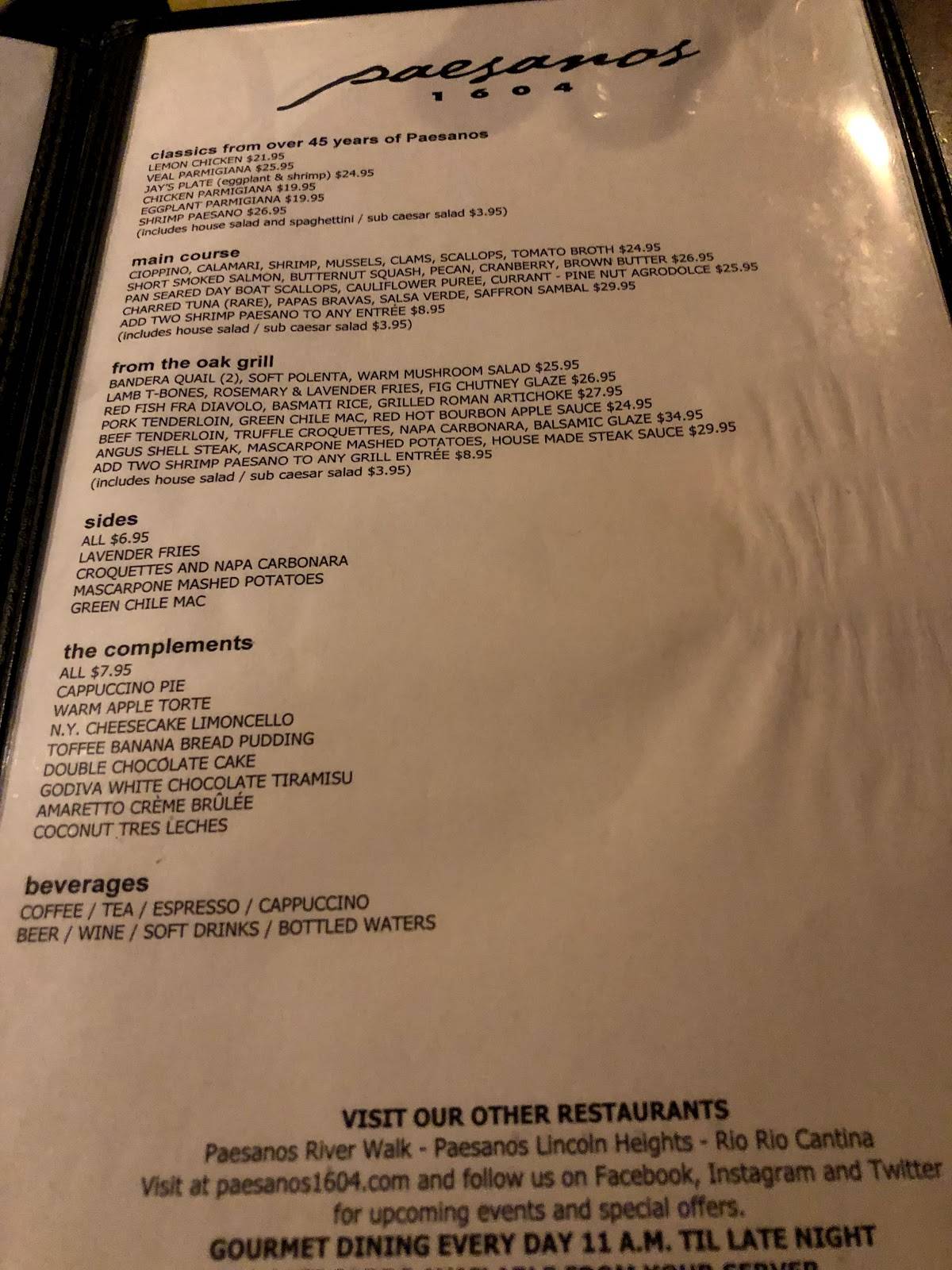 Menu at Paesanos 1604 pub & bar, San Antonio