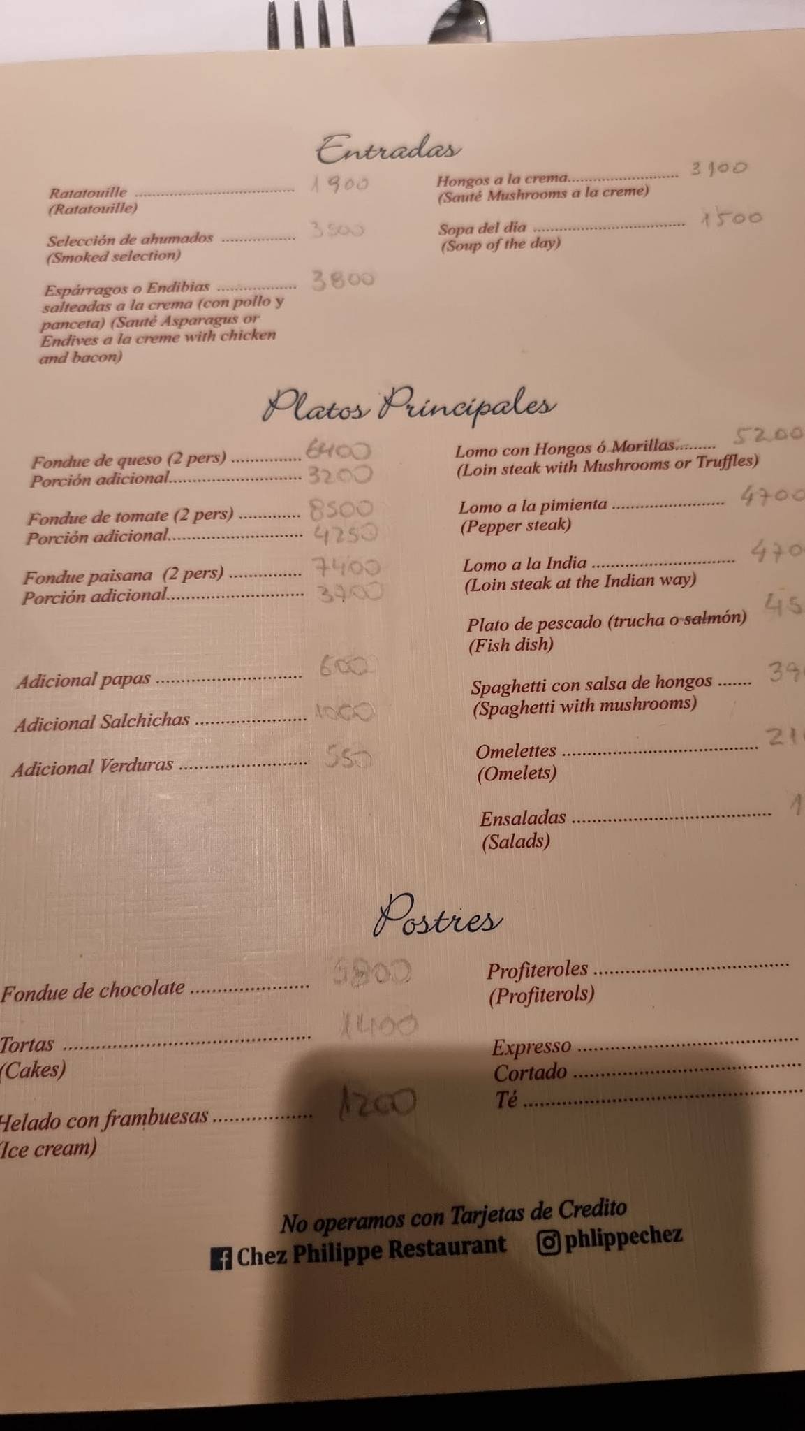 Carta del restaurante Chez Philippe, San Carlos del Bariloche, Primera Junta 1080