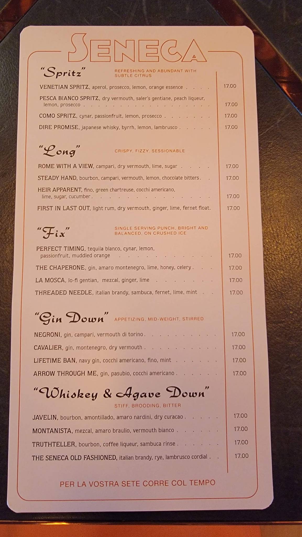 Menu at Seneca Trattoria restaurant, San Diego
