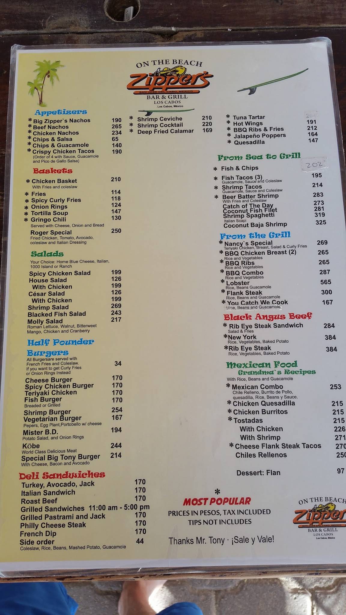 Menu at Zipper's Bar and Grill, San José del Cabo