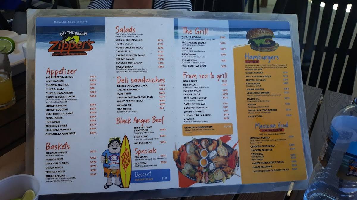 Menu at Zipper's Bar and Grill, San José del Cabo