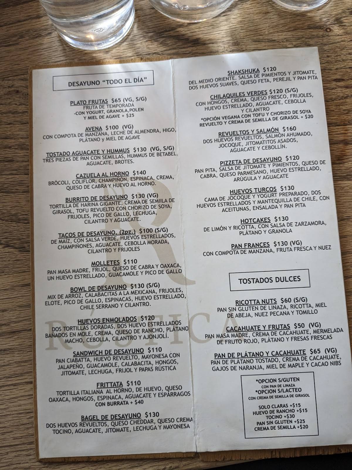 Menu at Rustica restaurant, San Miguel de Allende