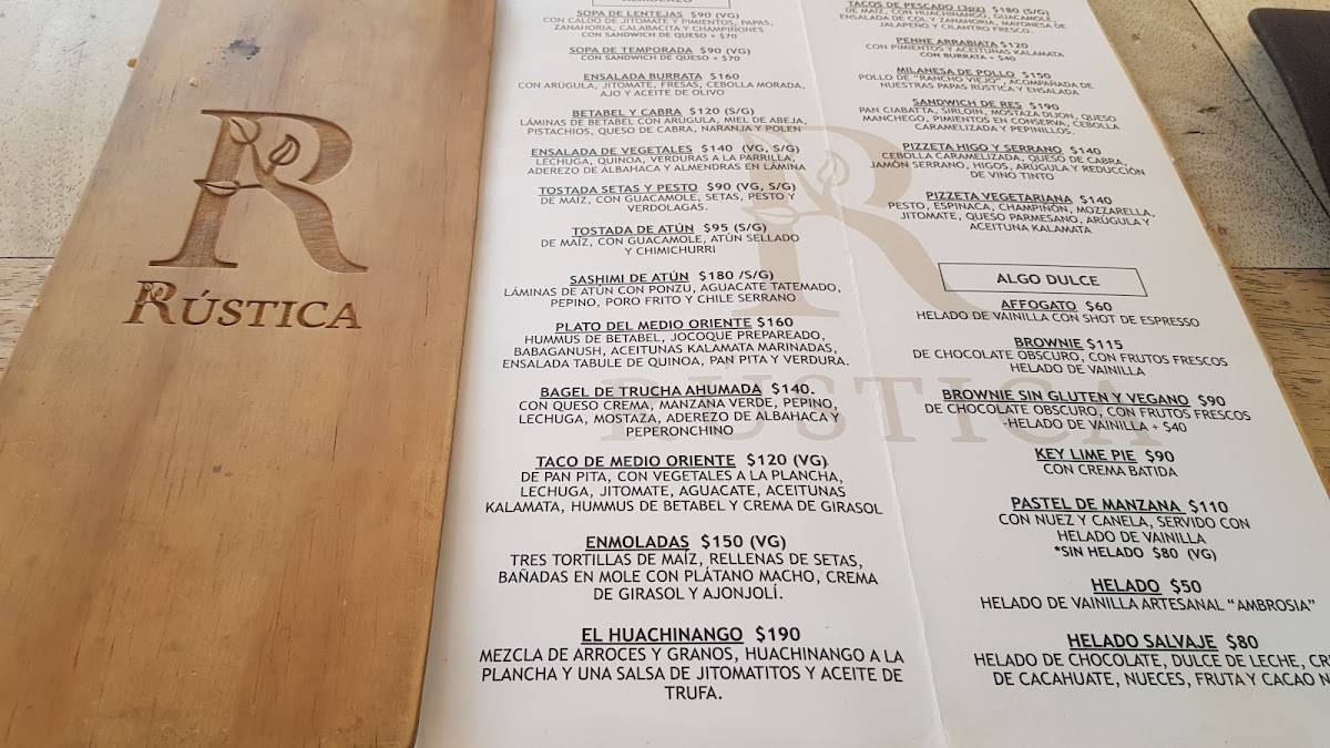Menu at Rustica restaurant, San Miguel de Allende