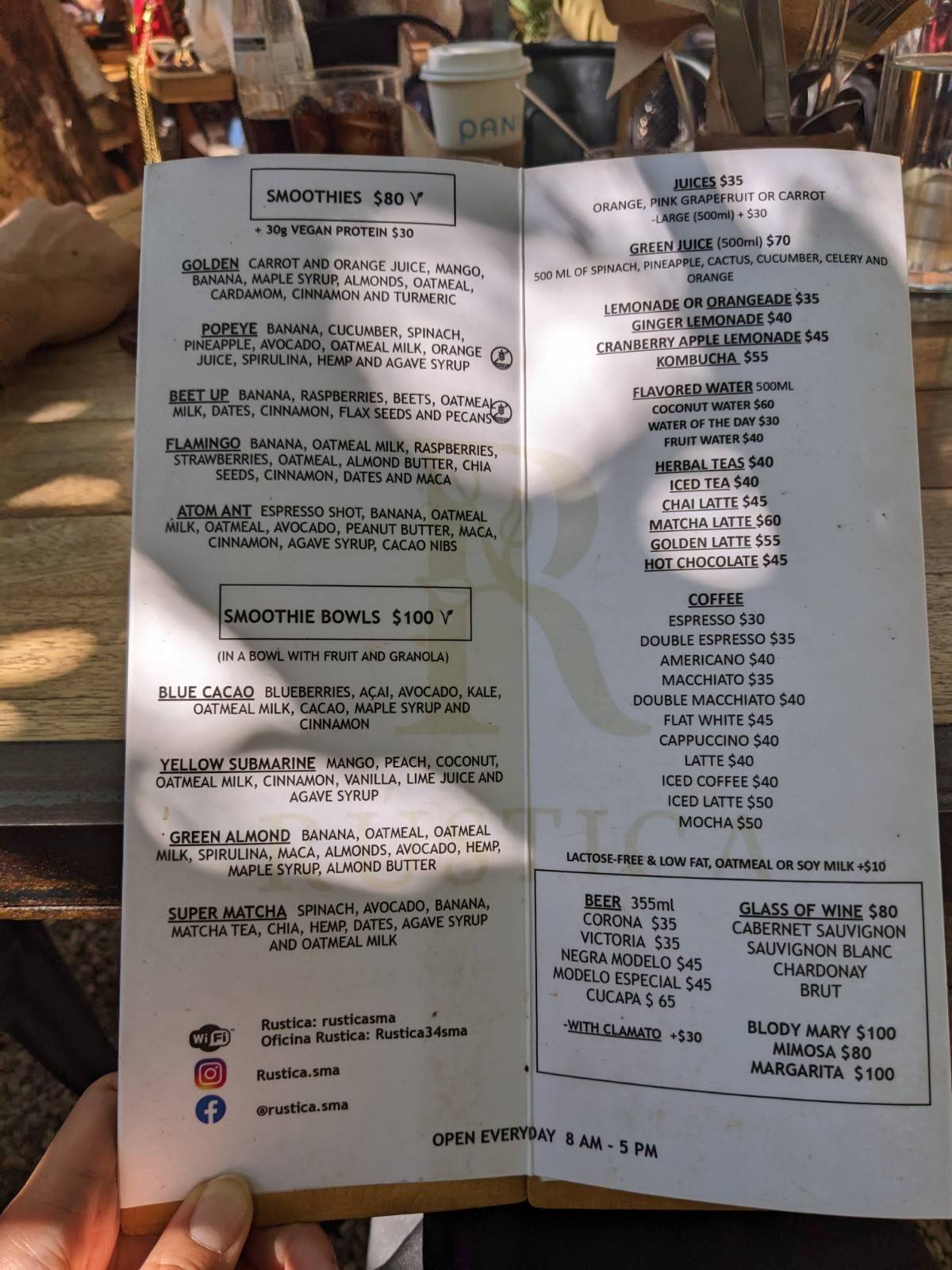 Menu at Rustica restaurant, San Miguel de Allende