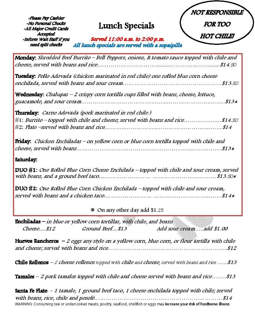 Menu at Tia Sophia's restaurant, Santa Fe