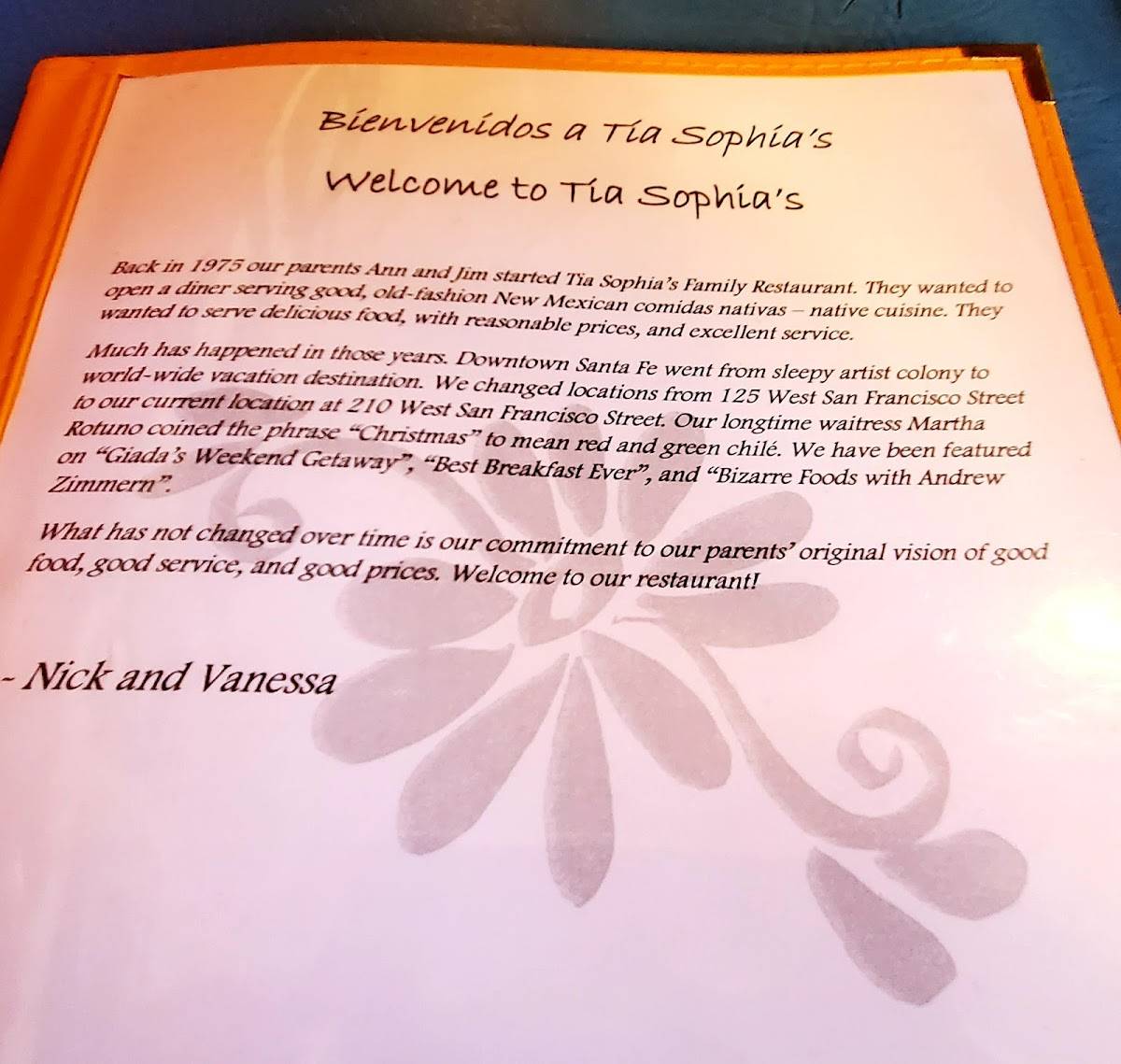 Menu at Tia Sophia's restaurant, Santa Fe