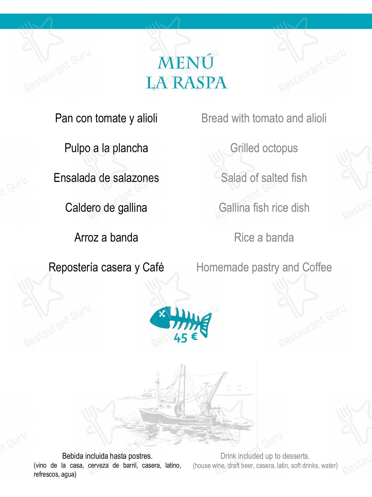 Carta de Restaurante La Raspa, Santa Pola