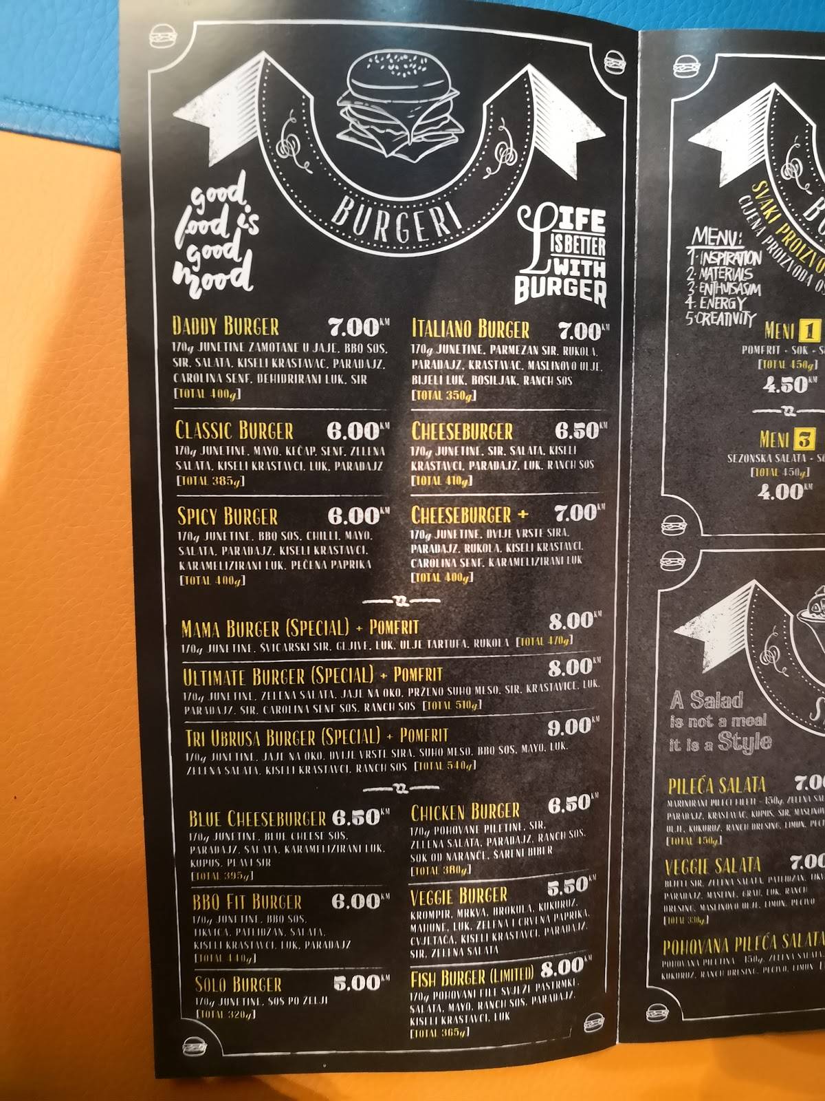 Menu at Mama Burgers SCC restaurant, Sarajevo