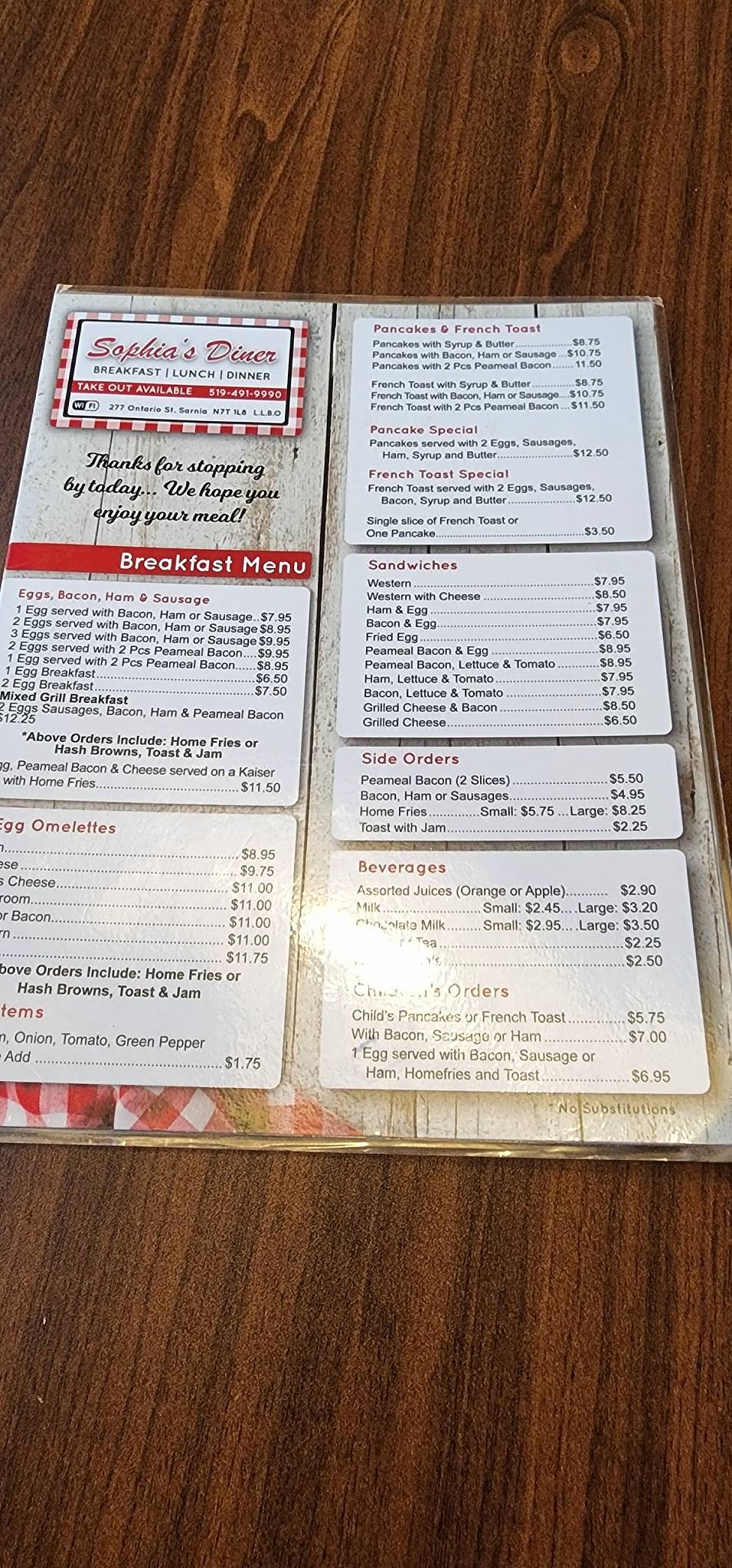 Menu at Sophia's Diner restaurant, Sarnia