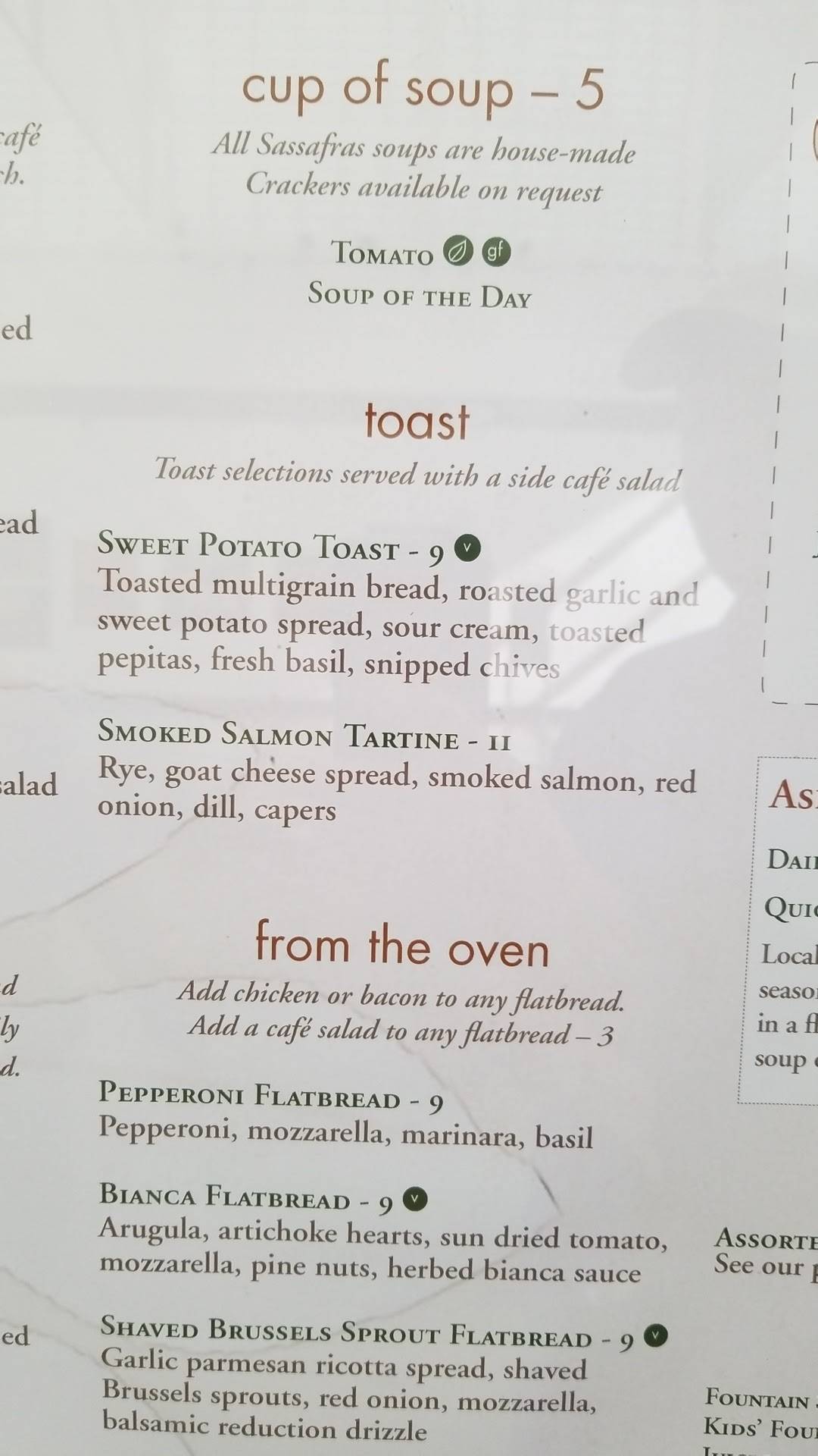 Menu at Sassafras restaurant, St. Louis