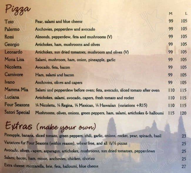 Menu at Satori Kalk Bay restaurant, Cape Town