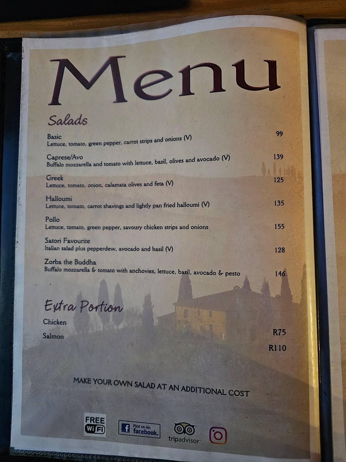 Menu at Satori Kalk Bay restaurant, Cape Town