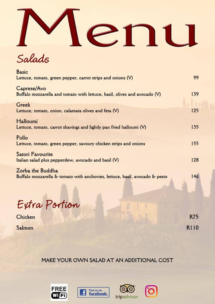 Menu at Satori Kalk Bay restaurant, Cape Town