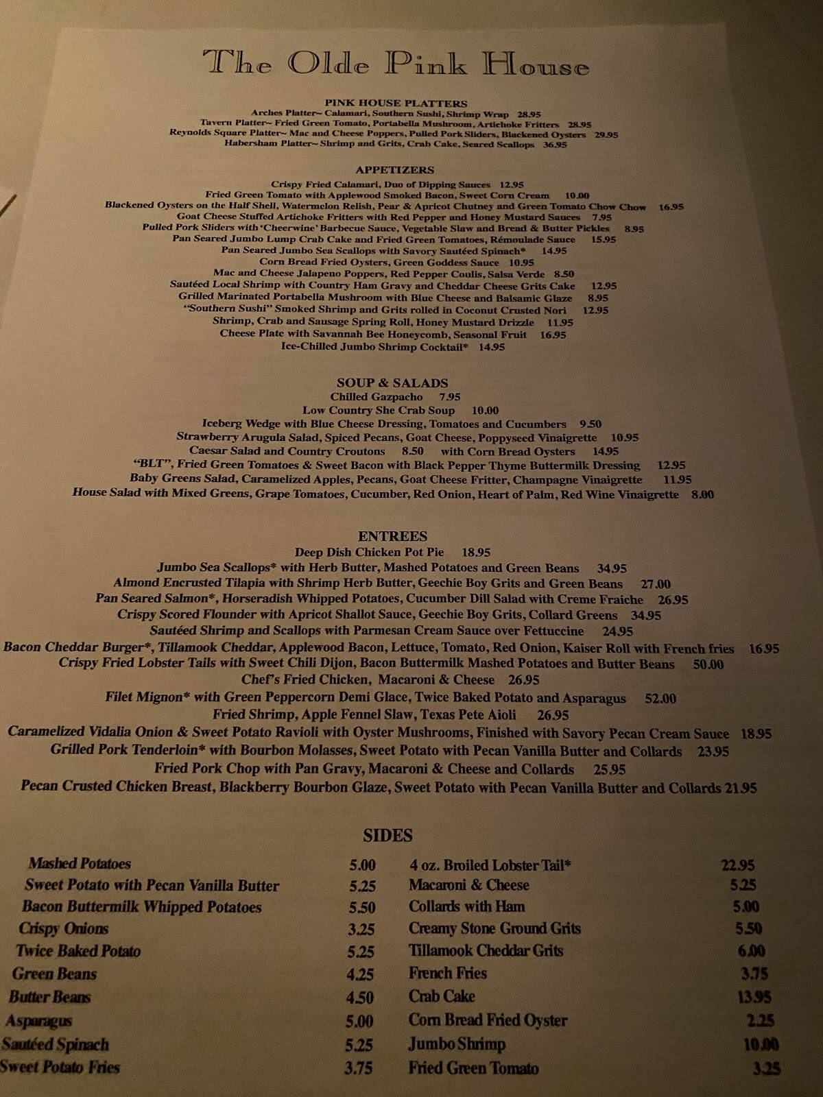 Menu at The Olde Pink House pub & bar, Savannah