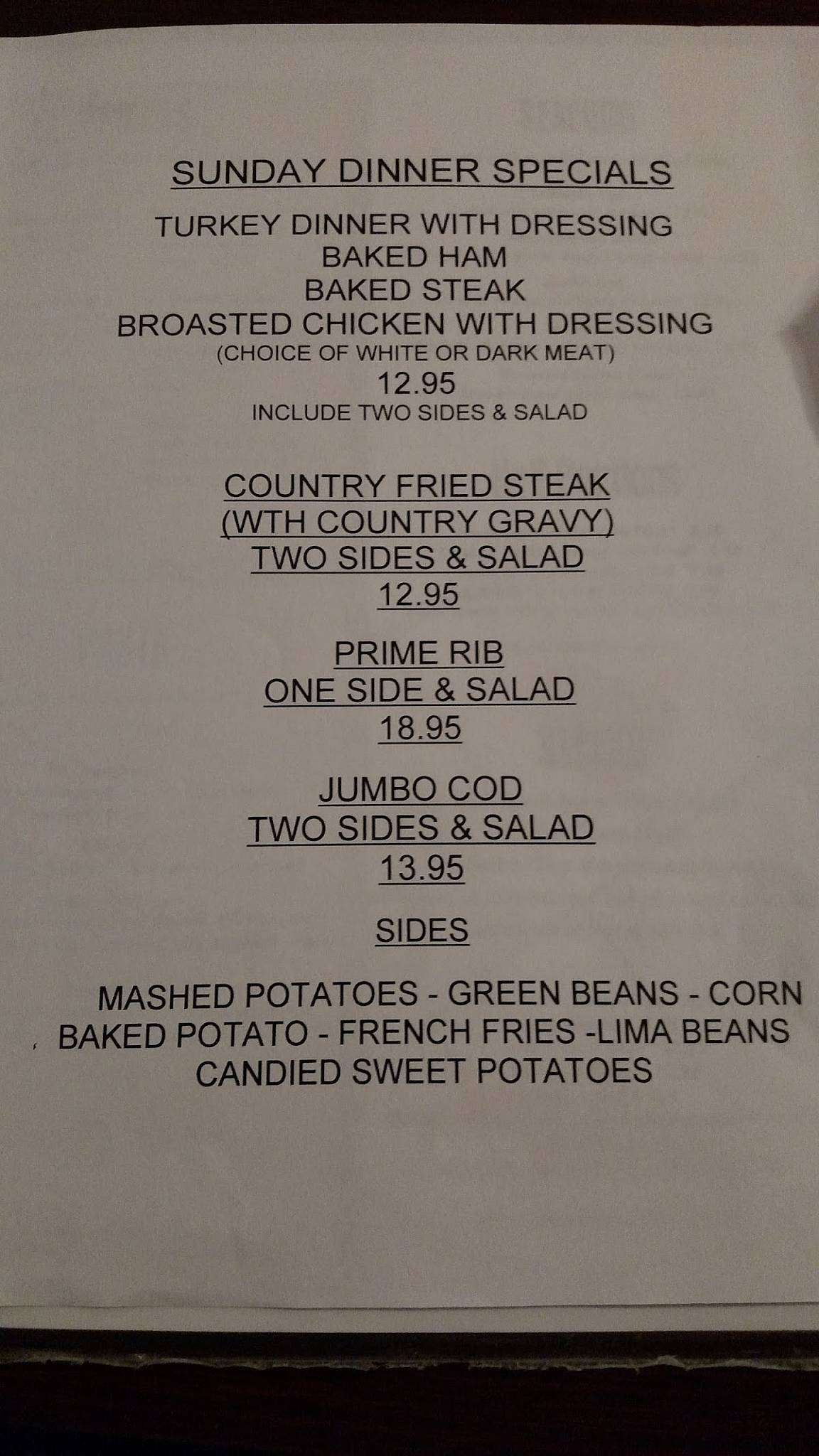 Menu at Say-Boy Restaurant, Fairmont
