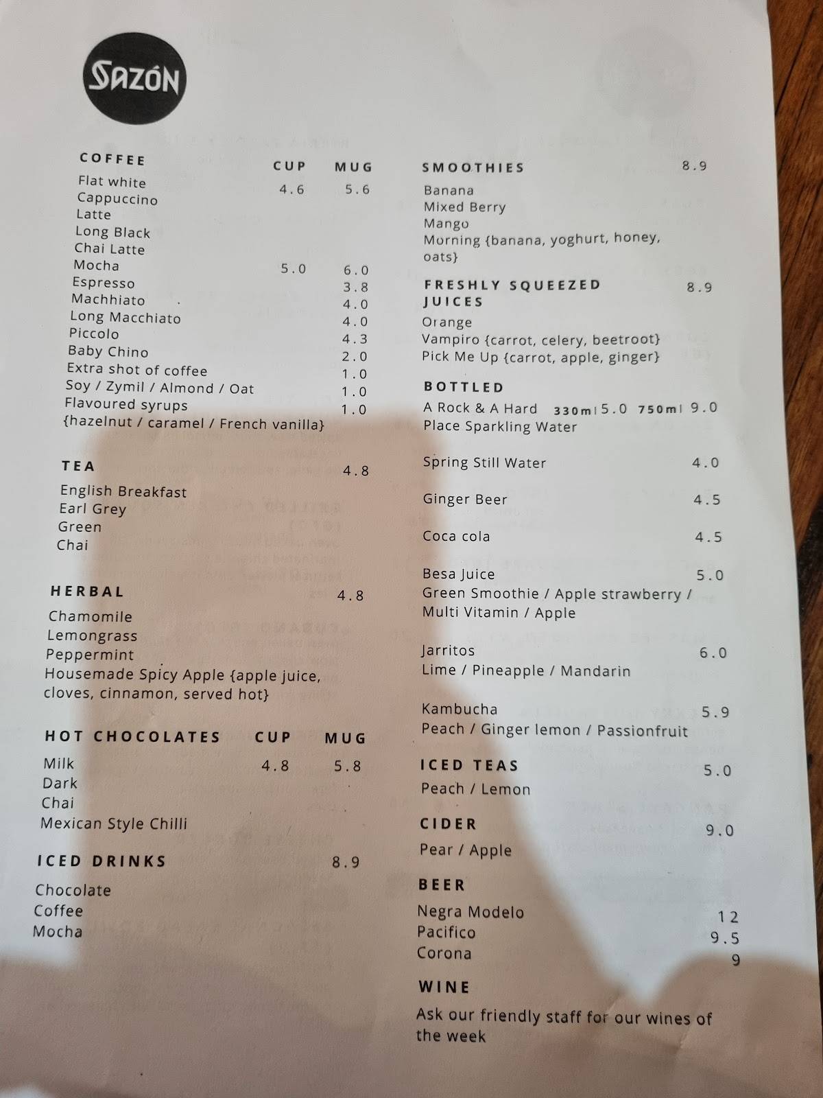 Menu at Sazón Espresso restaurant, Mount Barker