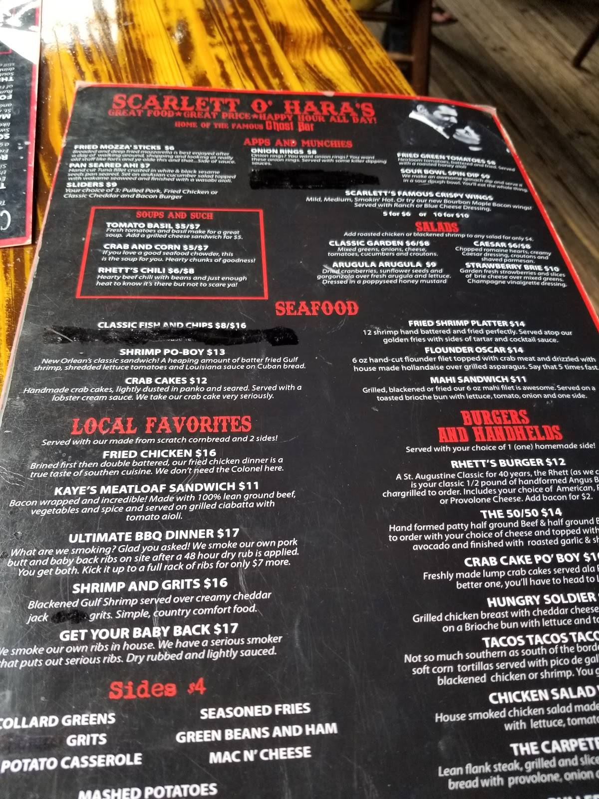 Menu at Scarlett O'Hara's pub & bar, St. Augustine