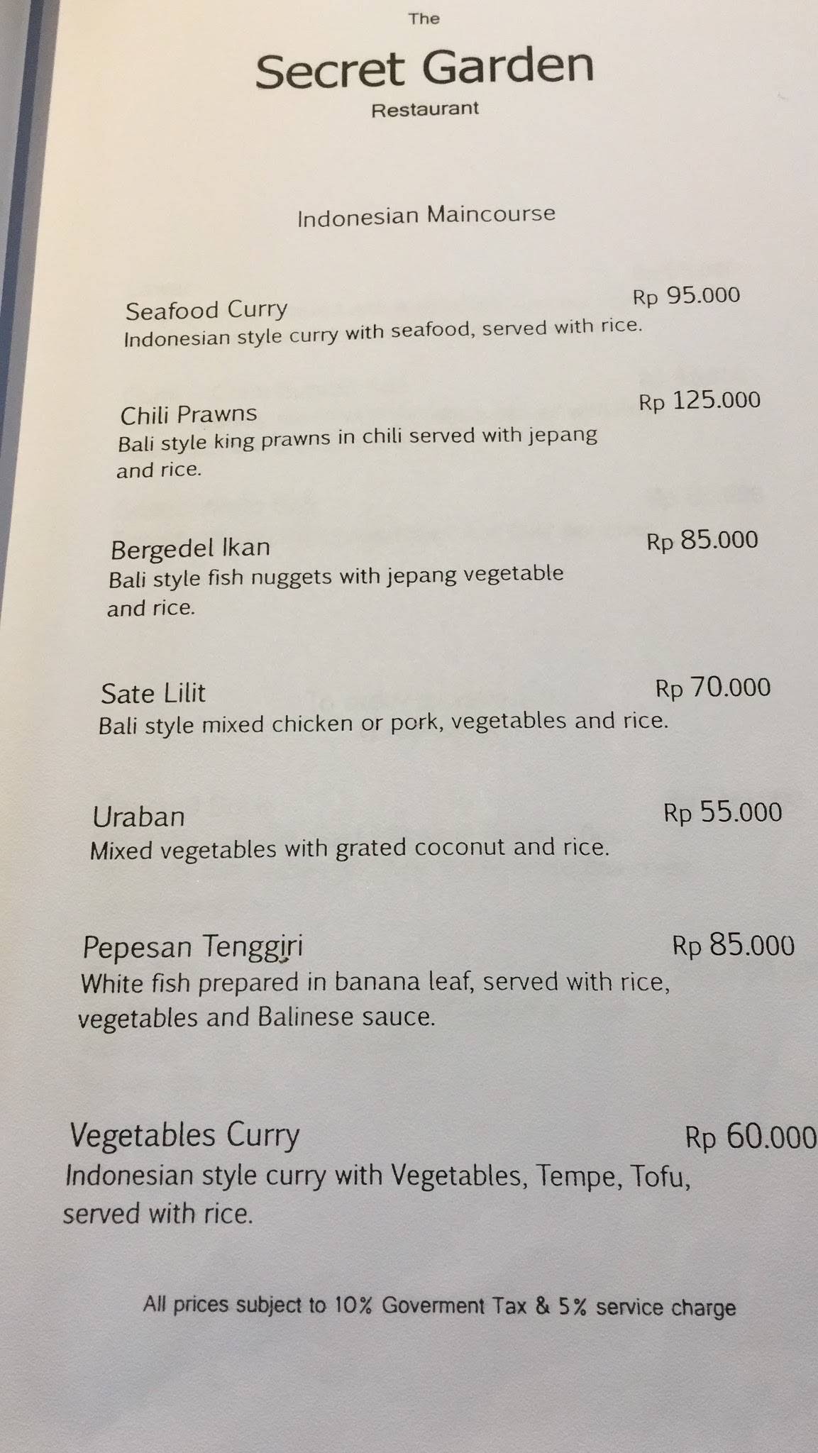 Menu at Secret Garden Restaurant, Anturan