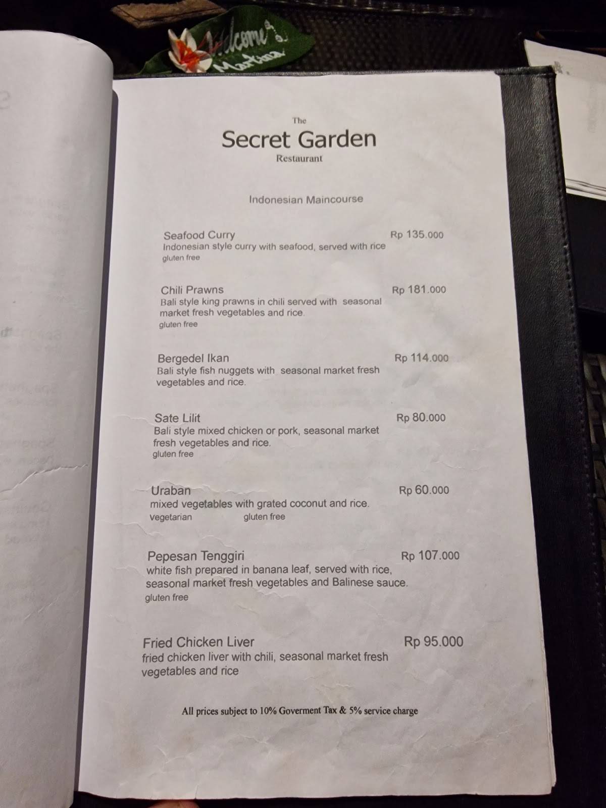Menu at Secret Garden Restaurant, Anturan