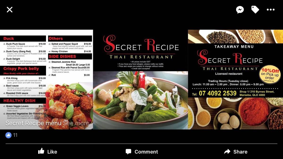 Menu at Secret Recipe Thai Restaurant, Mareeba