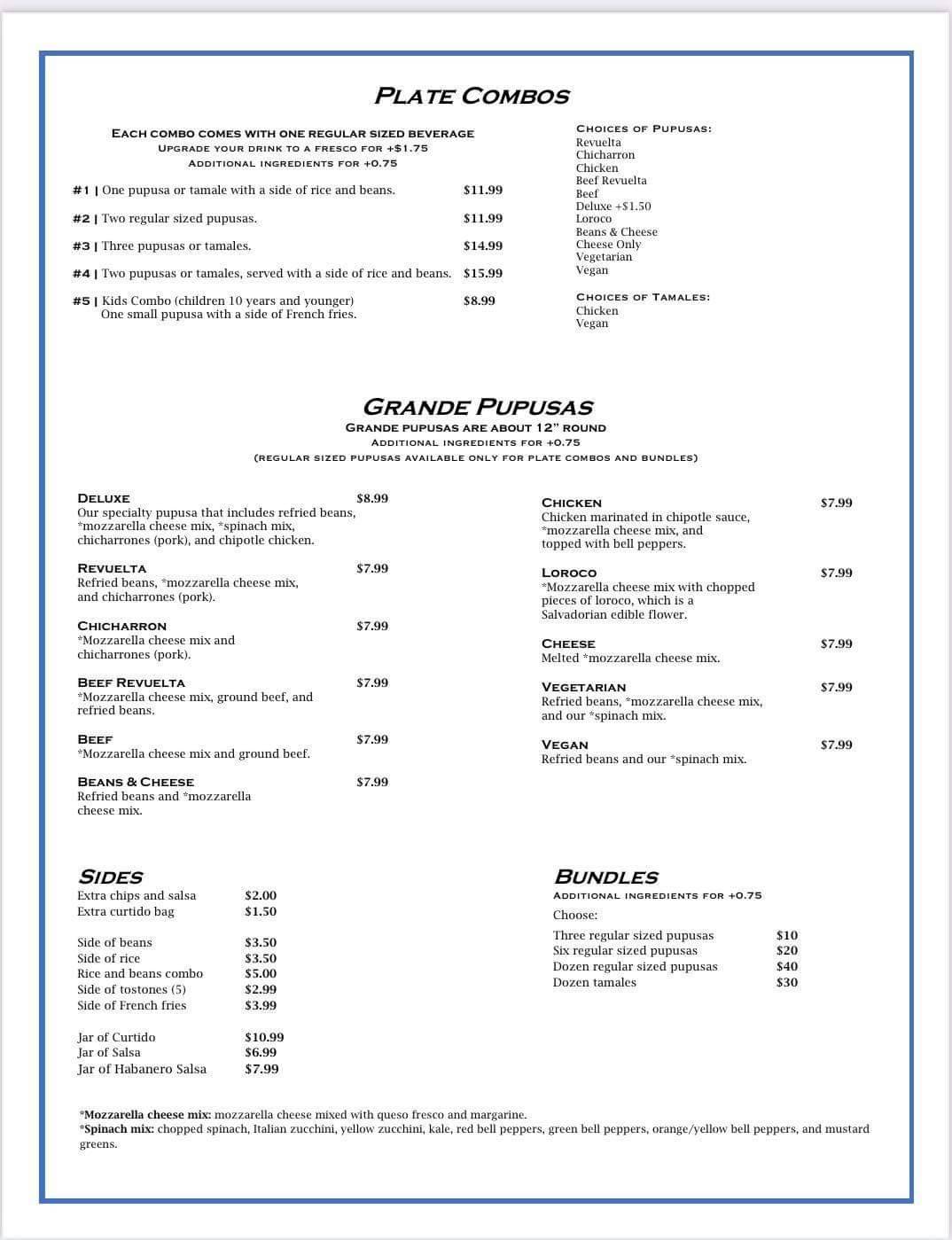 Menu at Selena's Salvadorian Restaurant, Tucson