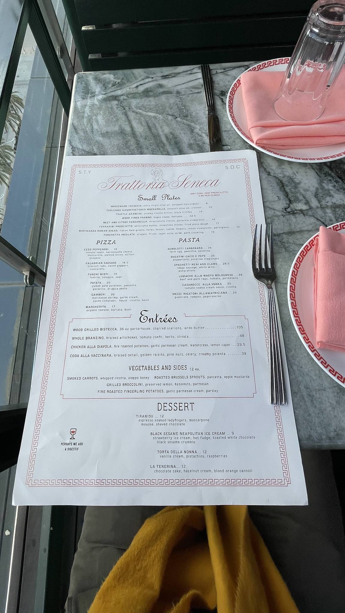 Menu at Seneca Trattoria restaurant, San Diego