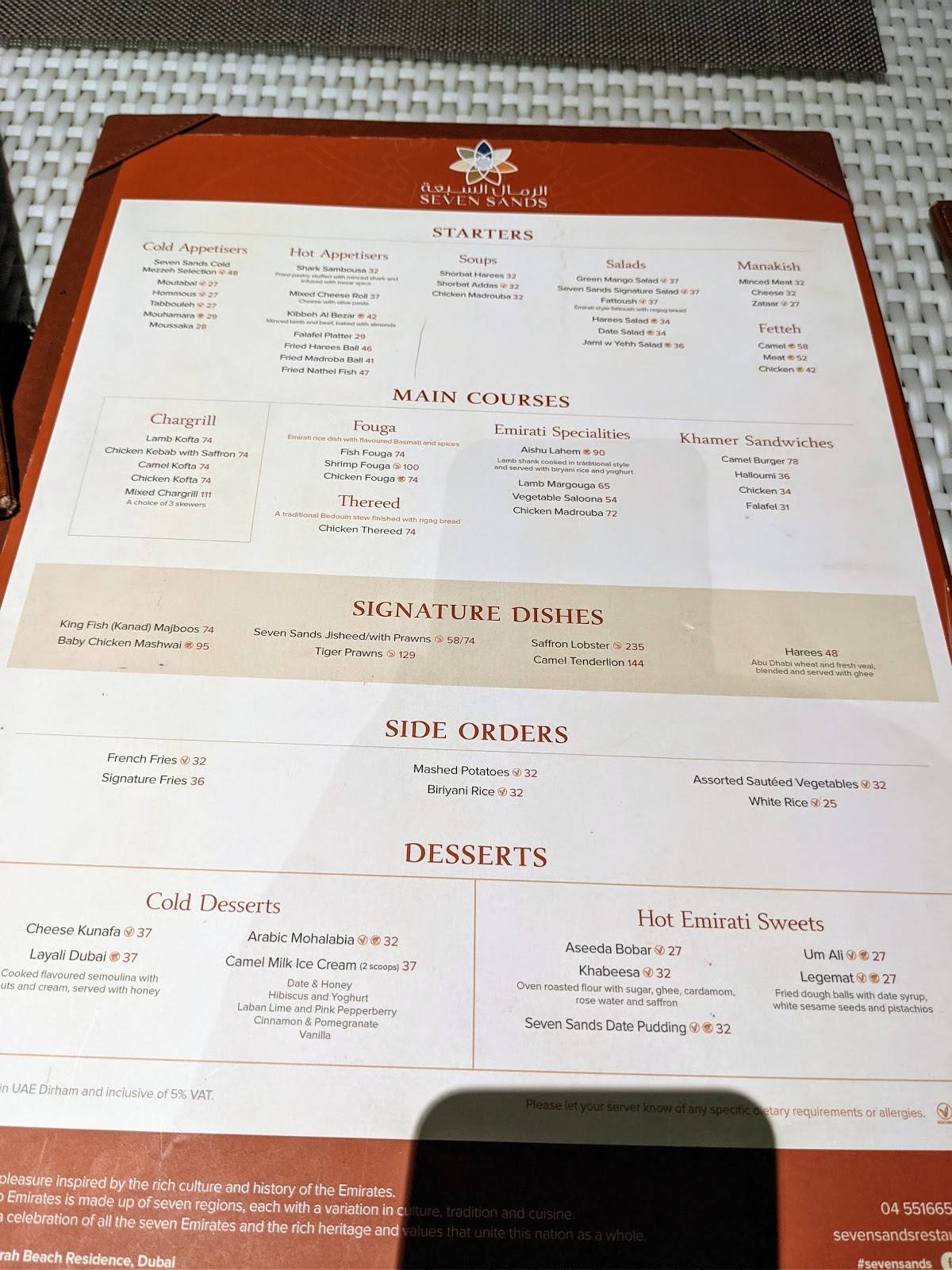 Menu at Seven Sands restaurant, Dubai, Shop # 5102 - The Walk