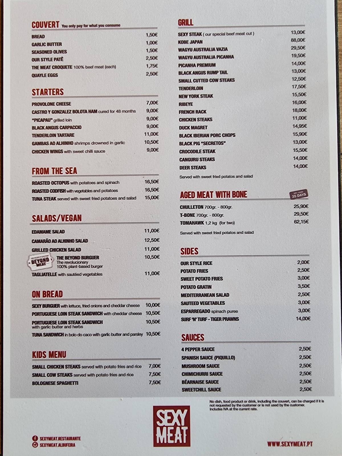 Menu at Sexy Meat restaurant, Albufeira