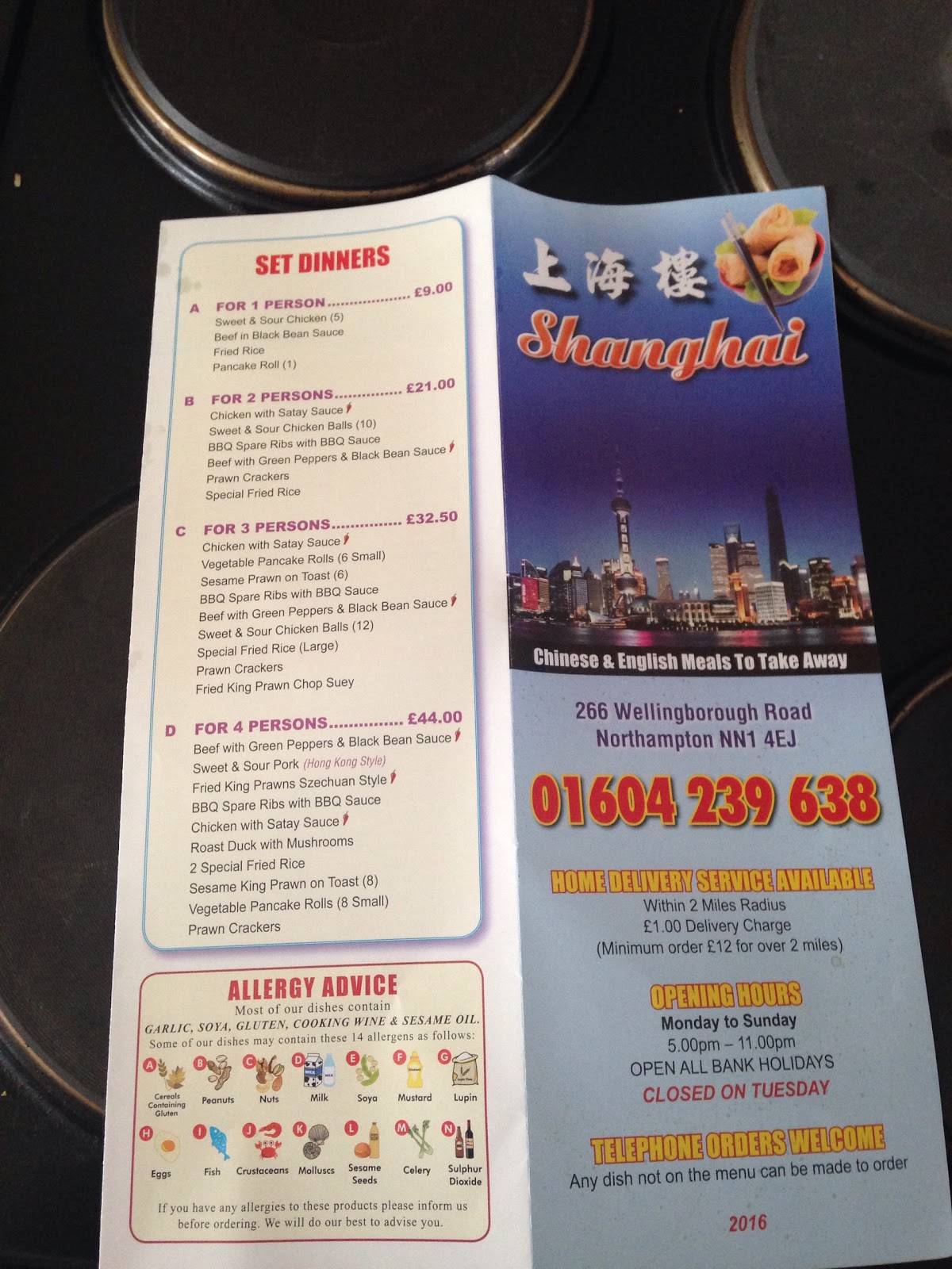 Menu at Shanhai House restaurant, Northampton